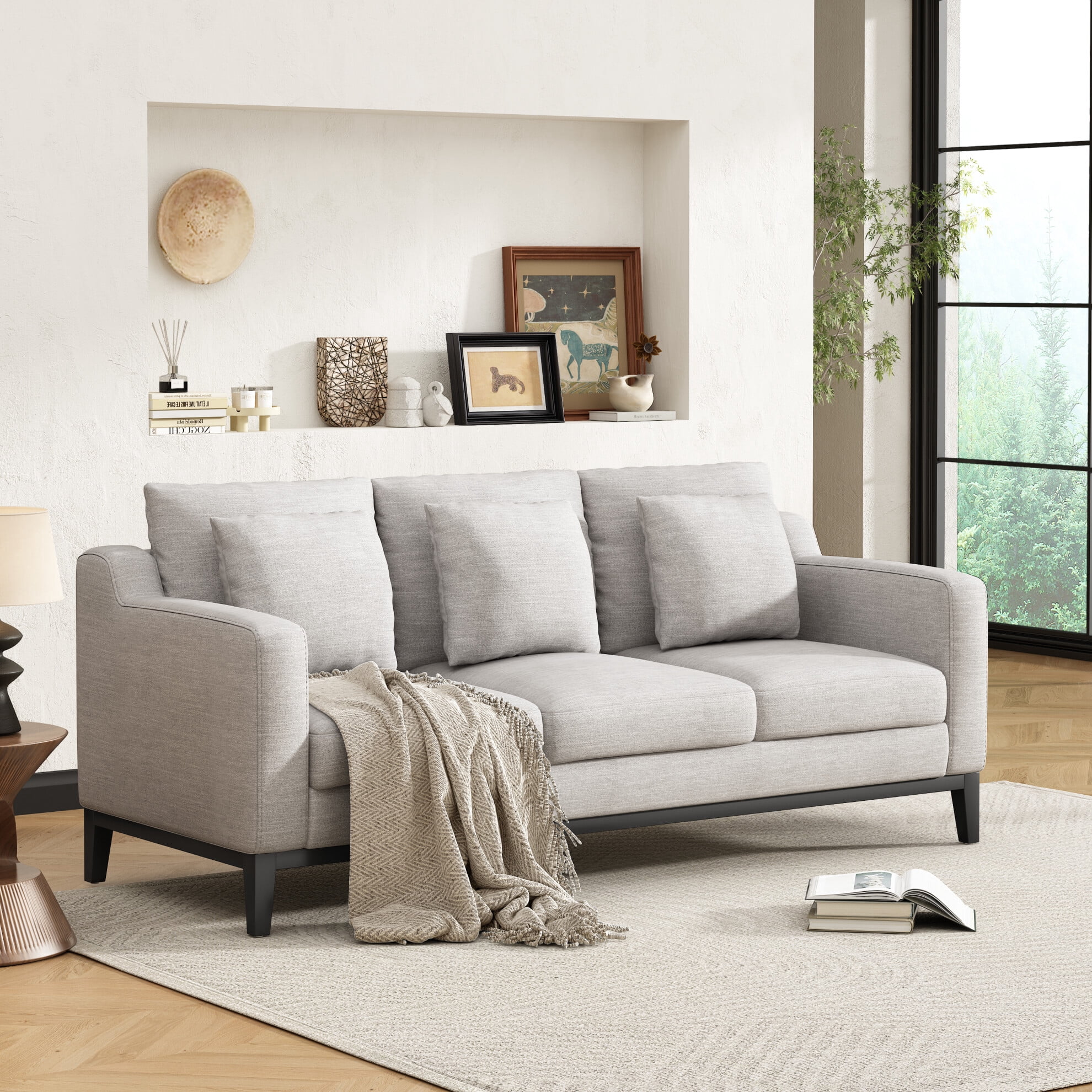 80 Inch Modern Sofa Couch with Solid Wood Legs, 3-Seater Upholstered ...
