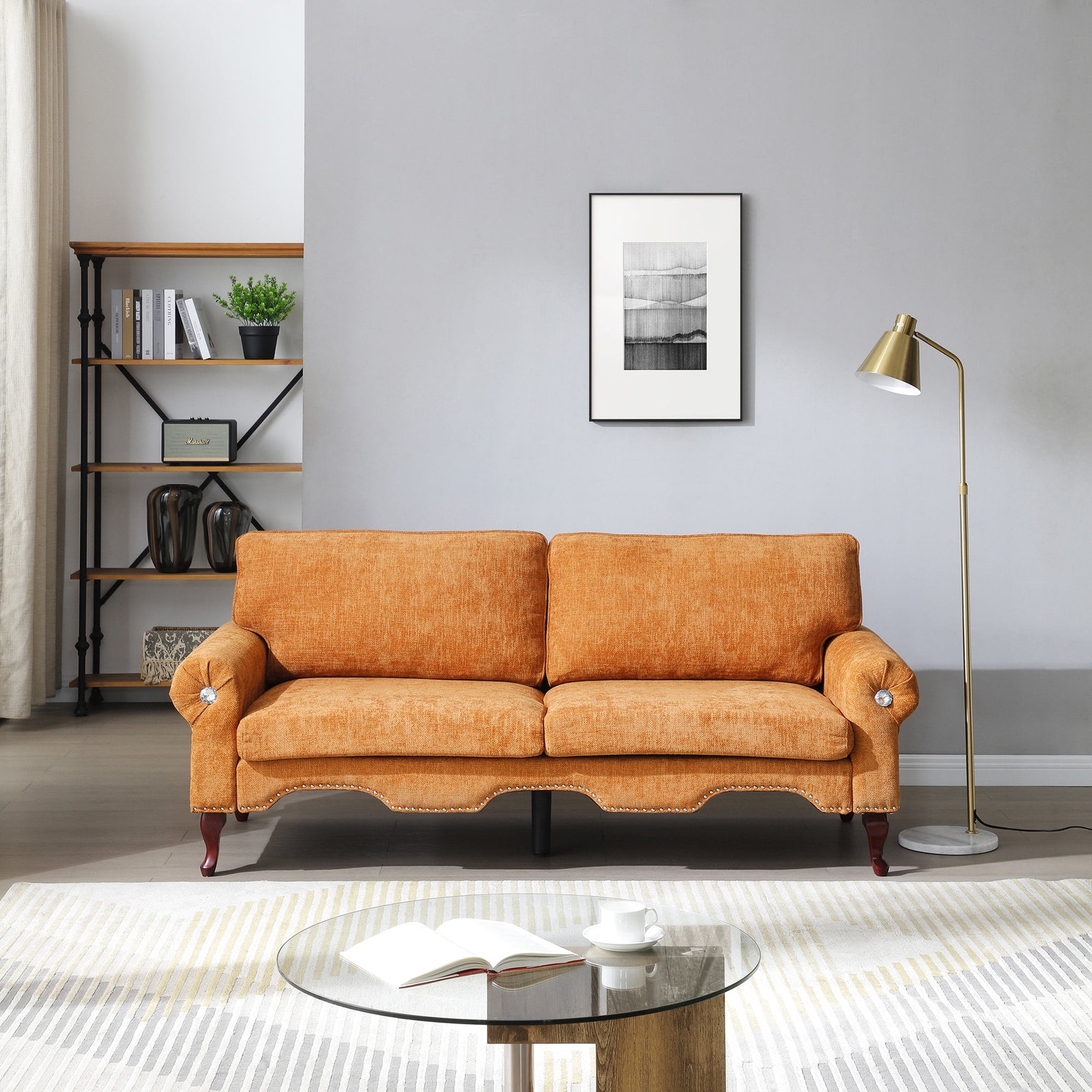 80-Inch Orange Linen 3-Seater Sofa with Tufted Backrest - Durable and ...