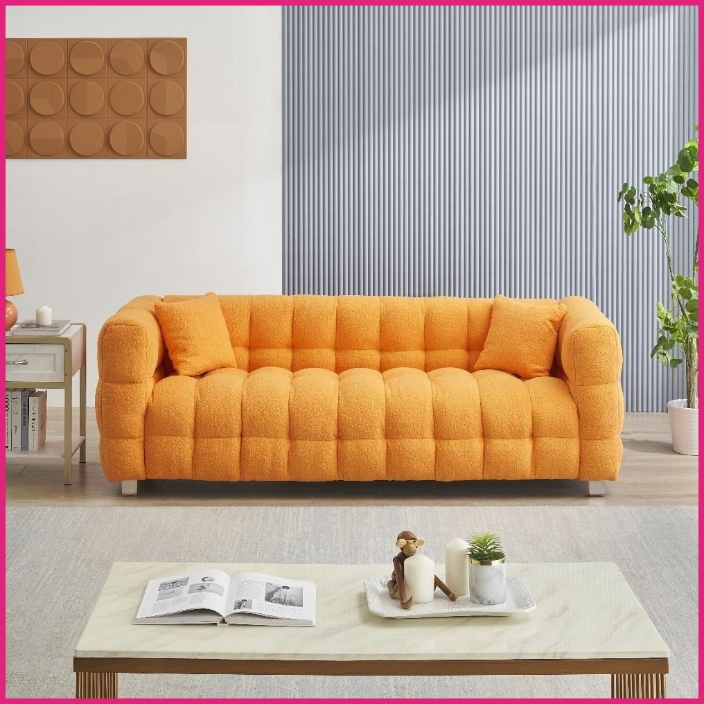 80-Inch Retro Teddy Fleece 3-Seater Sofa for Living Room/Bedroom with 2 ...