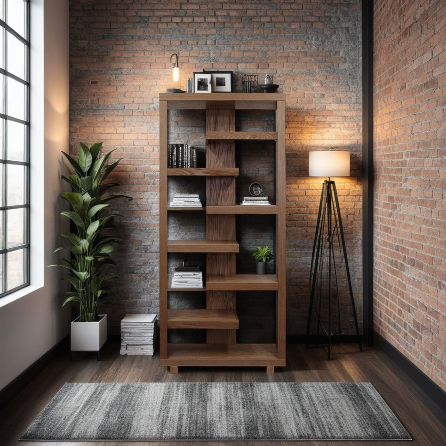 80 Inch Tall Bookshelf, No Assembly Required, Oak Bourbon Finish ...