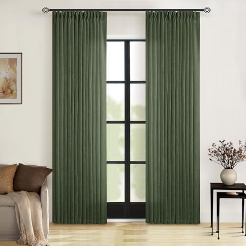80 Inches Long Olive Green Linen Curtains for Living Room Pinch Pleat ...