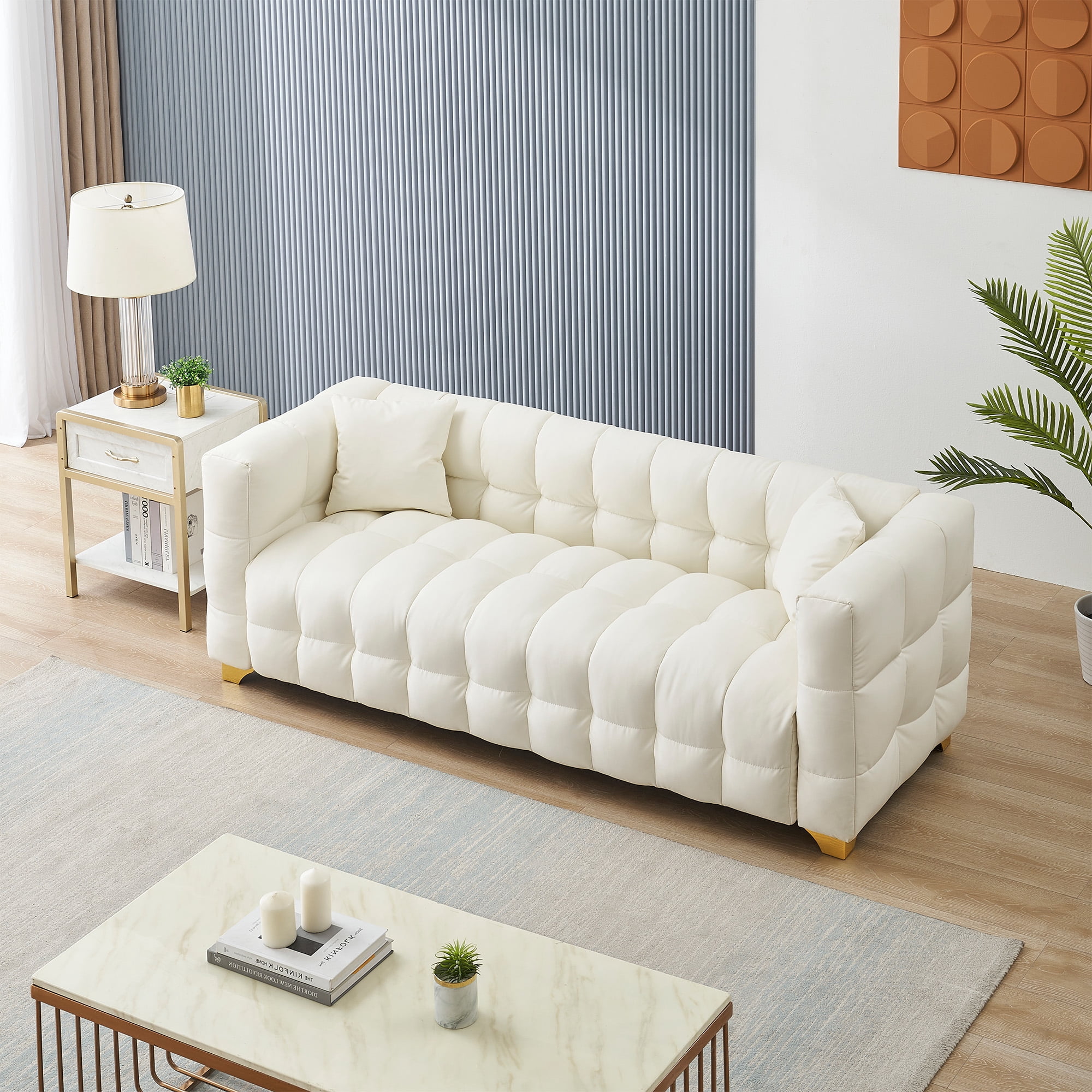 Beige Tech Fabric Three-Seater Sofa, Metal Foot Design, Mold-Resistant ...