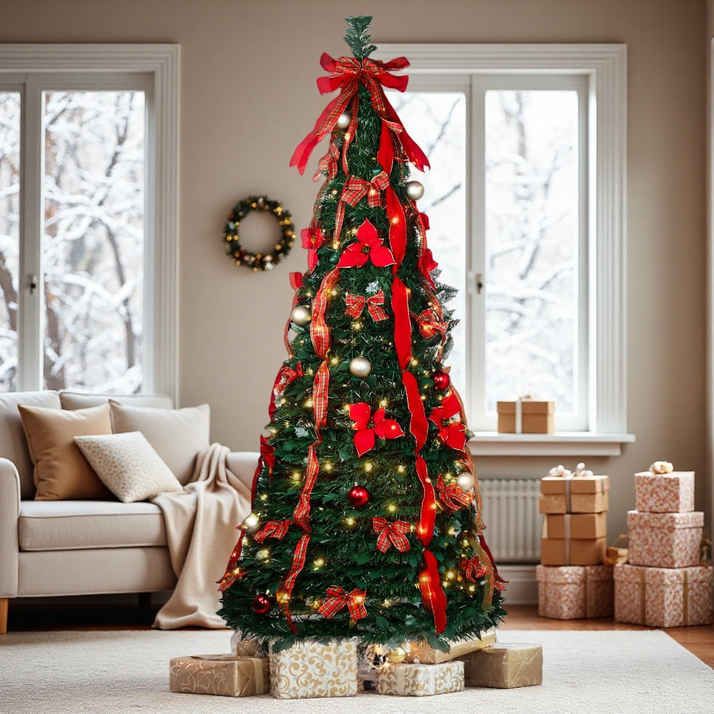 80" Instant Pop-Up Xmas Tree with 200 LED Bulbs, Ready-Lit and ...