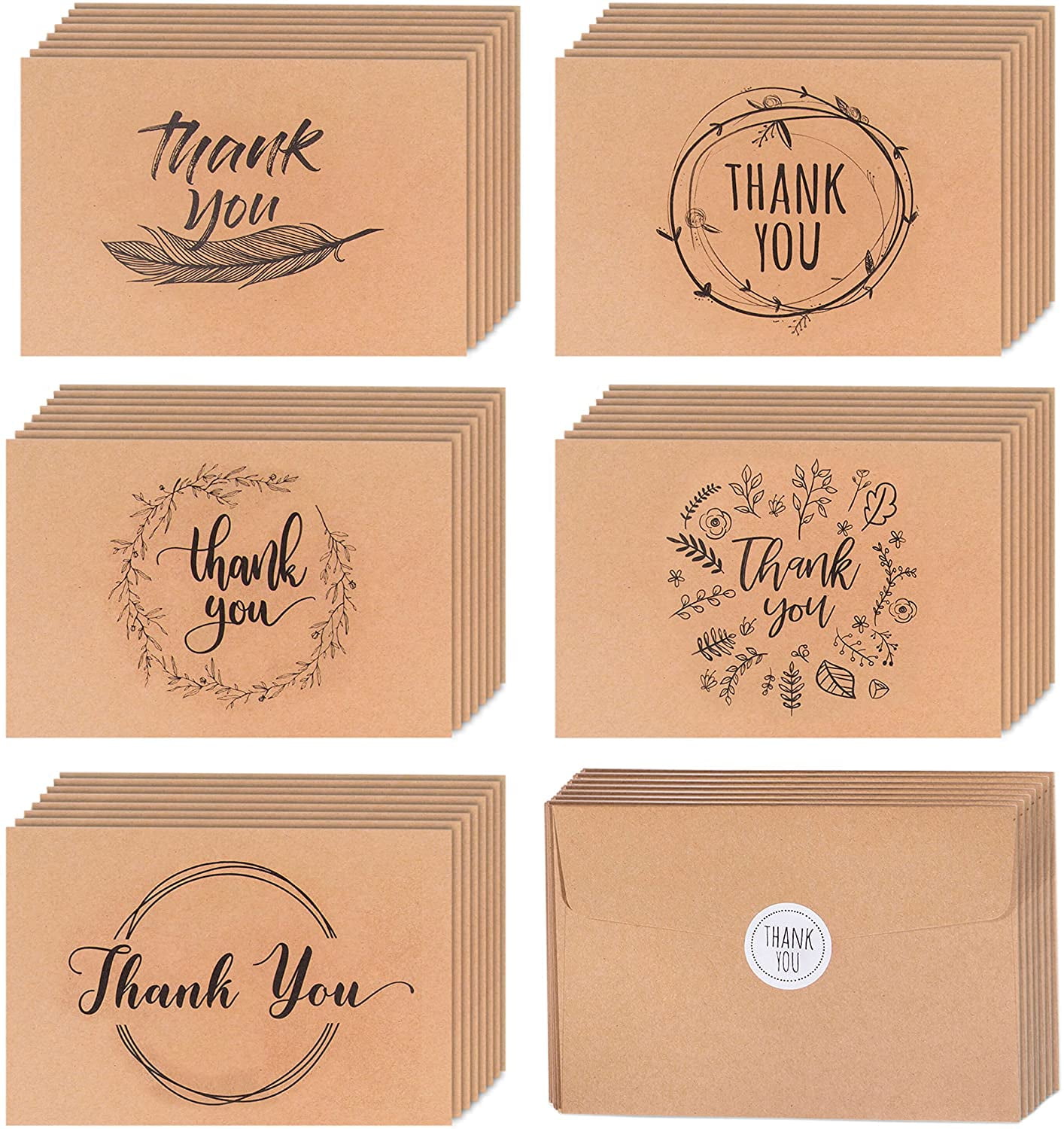 80 Kraft Rustic Envelopes, Stickers Thank You Notes Cards Bulk Set 4x6 ...
