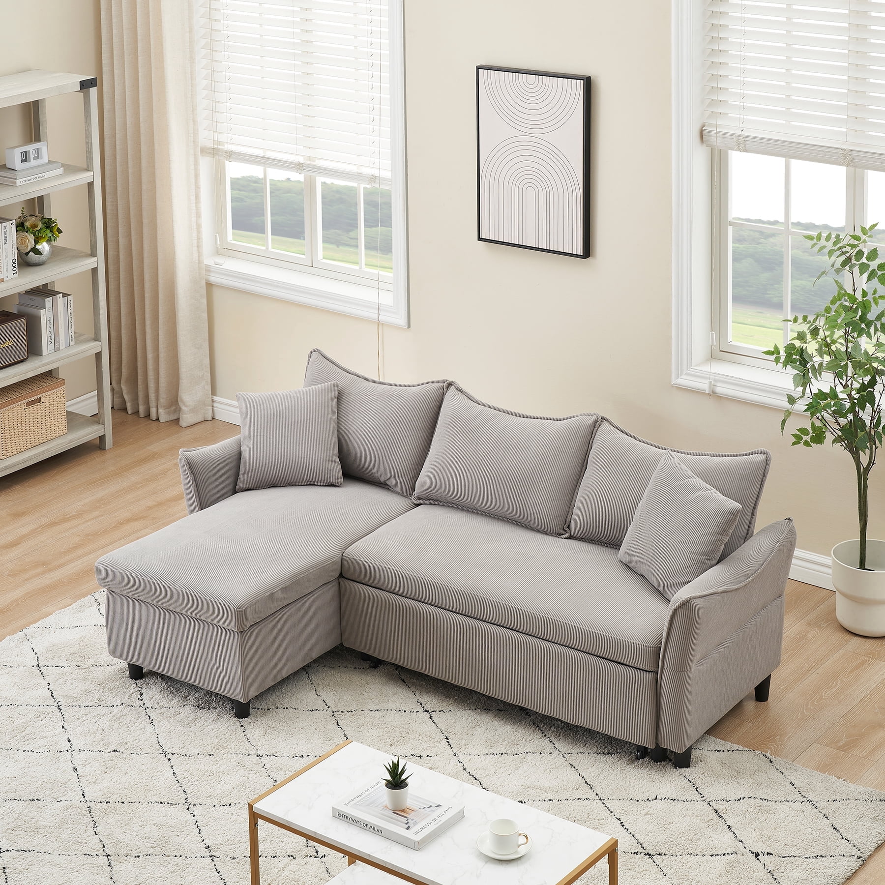 80" L-Shaped Corduroy Sofa with Two Throw Pillows Converts to Sofa Bed ...