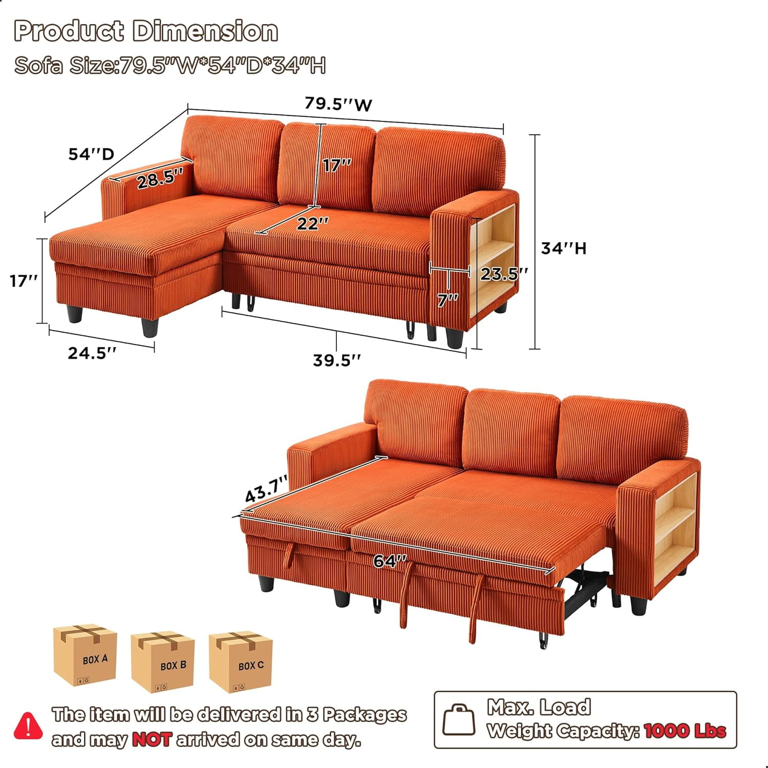 80'' L-Shaped Sectional Sofa with Storage, Caramel Corduroy Couch ...