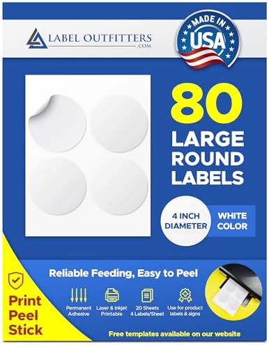 80® Large Round Labels, 4 inch Diameter, Laser and Inkjet Printable, 20 ...