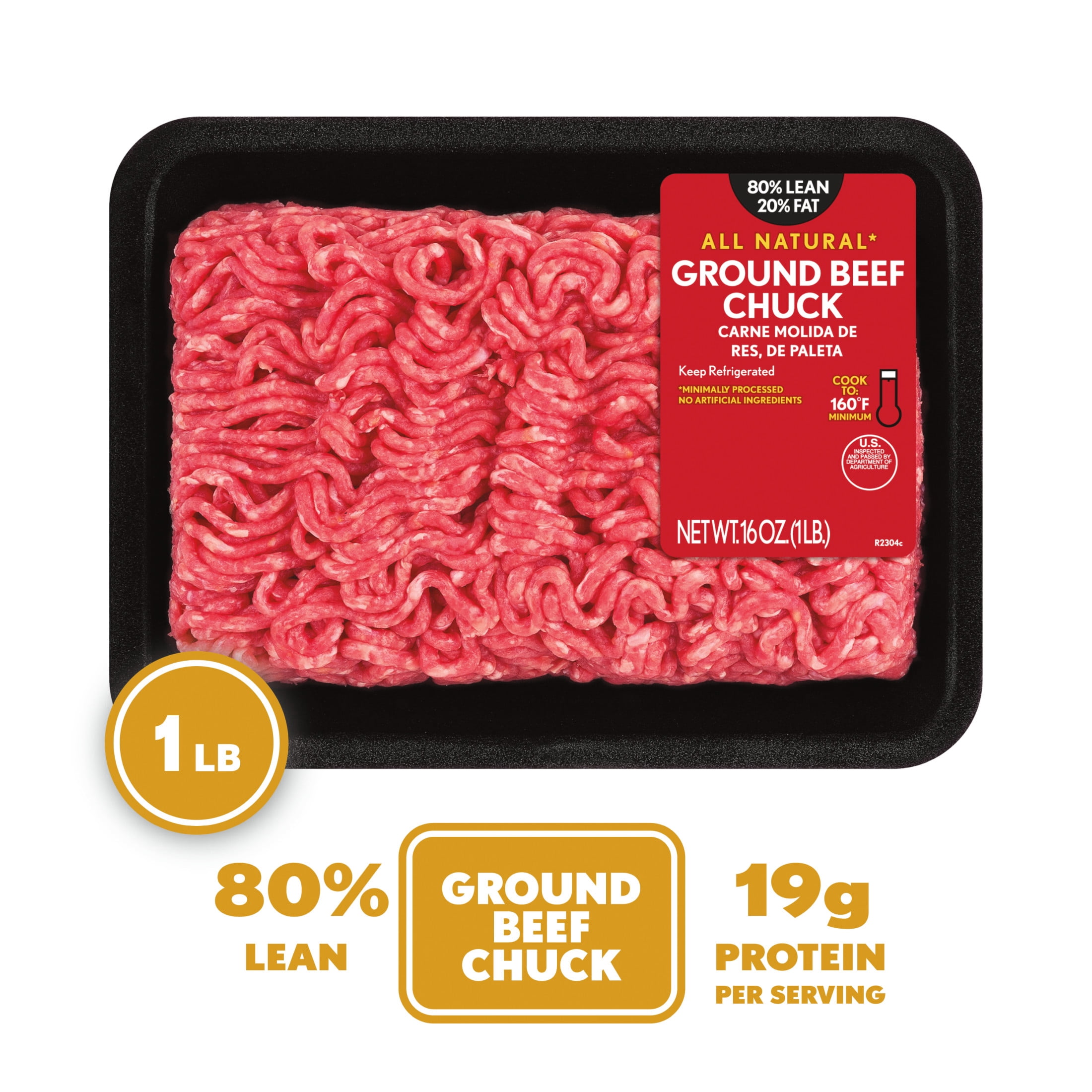 All Natural* 80% Lean/20% Fat Ground Beef Chuck, 1 lb Tray - Walmart.com