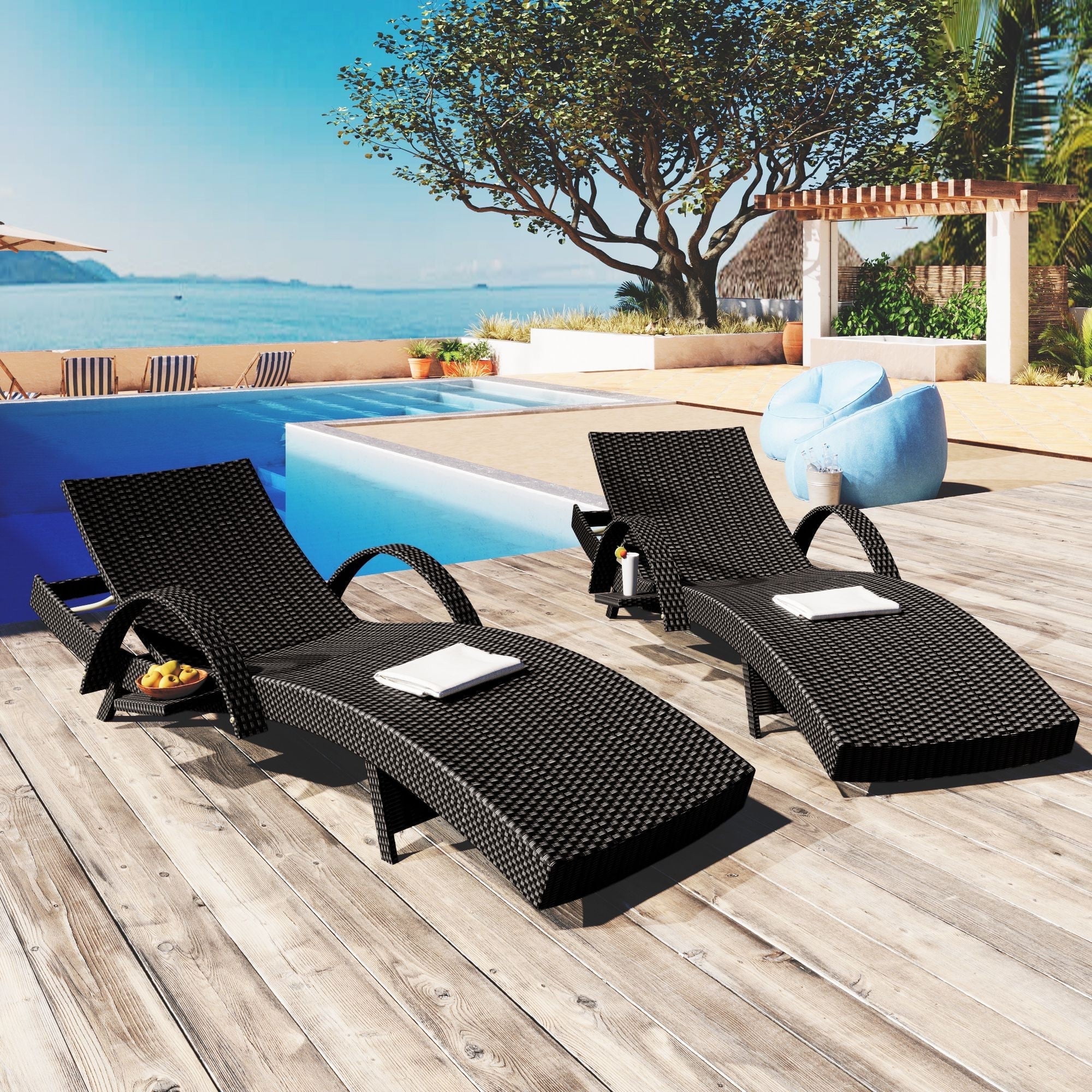 80'' Length Chaise Wicker Lounge Chairs Set of 2, Outdoor Patio Rattan ...