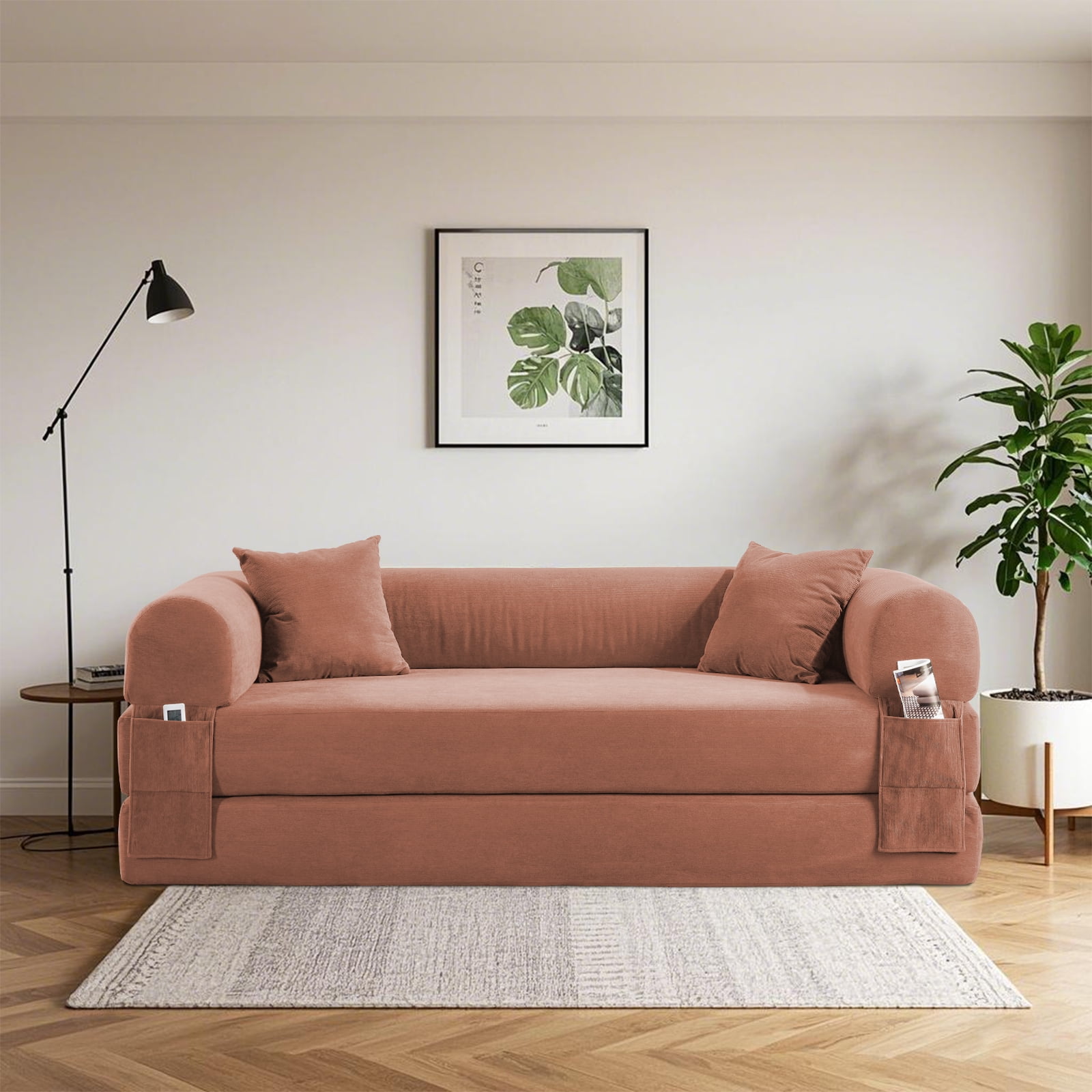 80"Modular Convertible Sofa Bed with Corduroy Cover, 2 in 1 Floor Couch with Armrests and ...