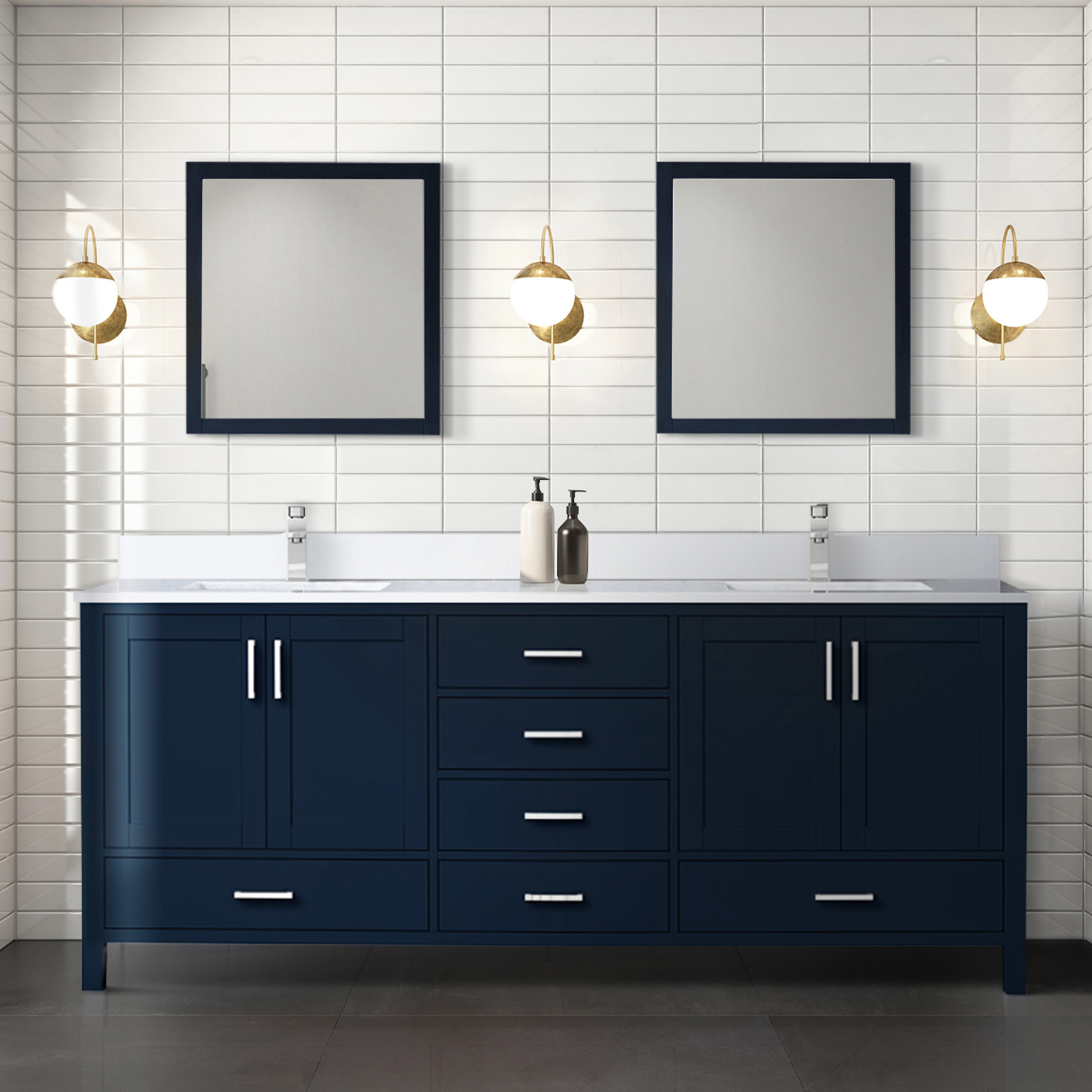 80" Navy Blue Double Bath Vanity With White Quartz - Solid Wood Frame ...