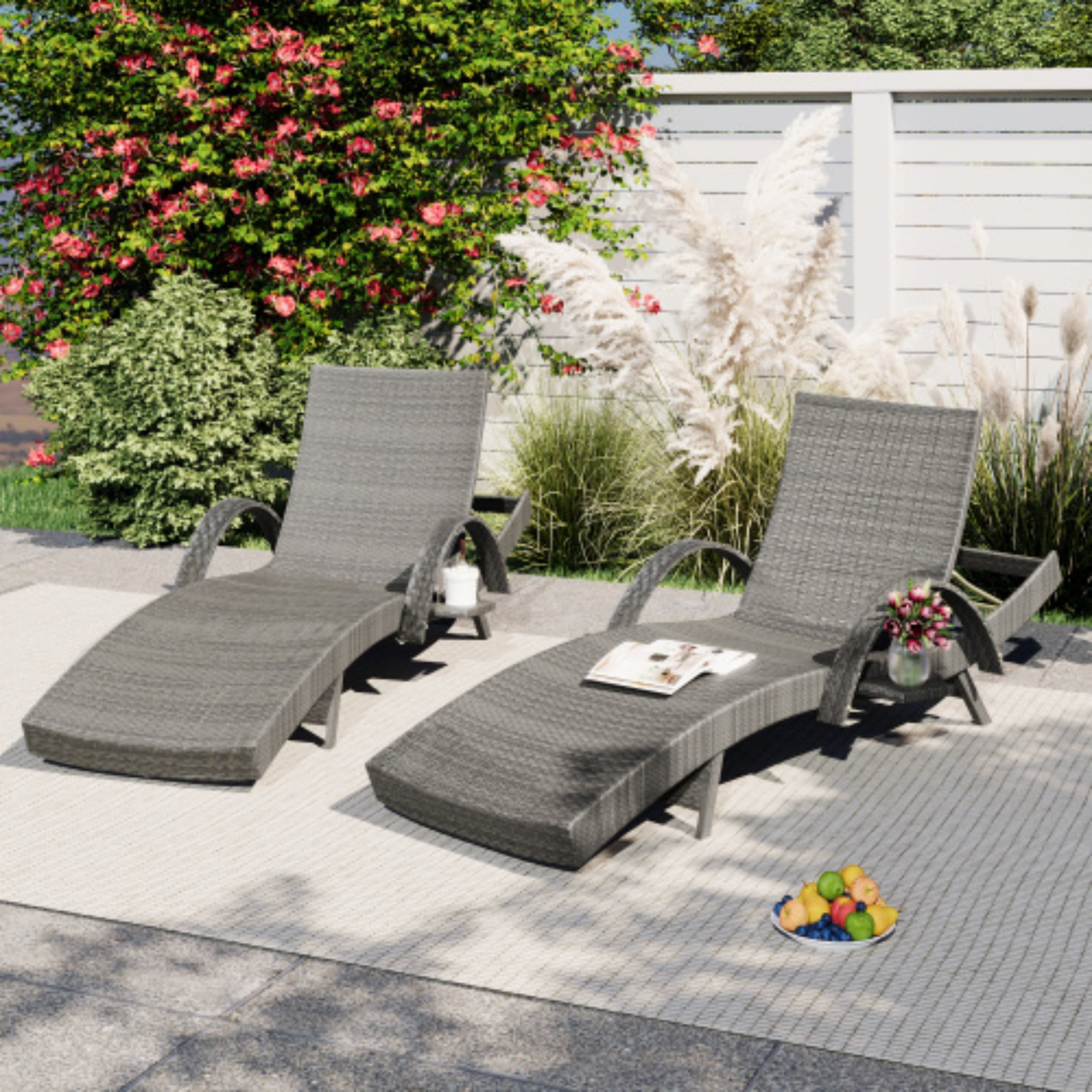80'' Outdoor Wicker Chaise Lounge Chairs Set of 2 with Pull-out Side ...