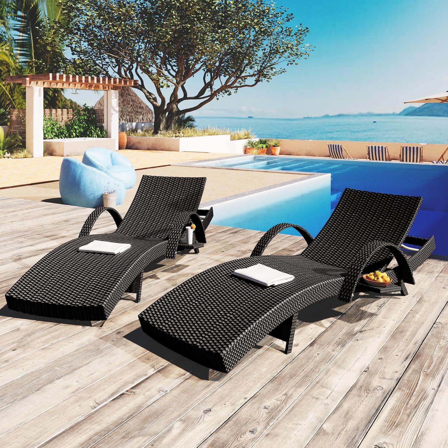 80'' Outdoor Wicker Long Reclining Lounge Chairs Set of 2, Patio Rattan ...