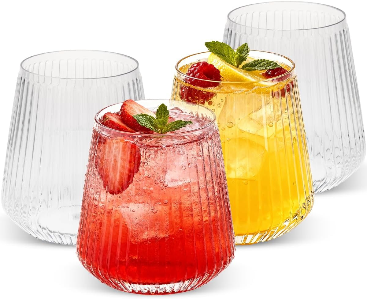 80 Pack 12 oz Stemless Plastic Wine Glasses Clear Ribbed Reusable ...