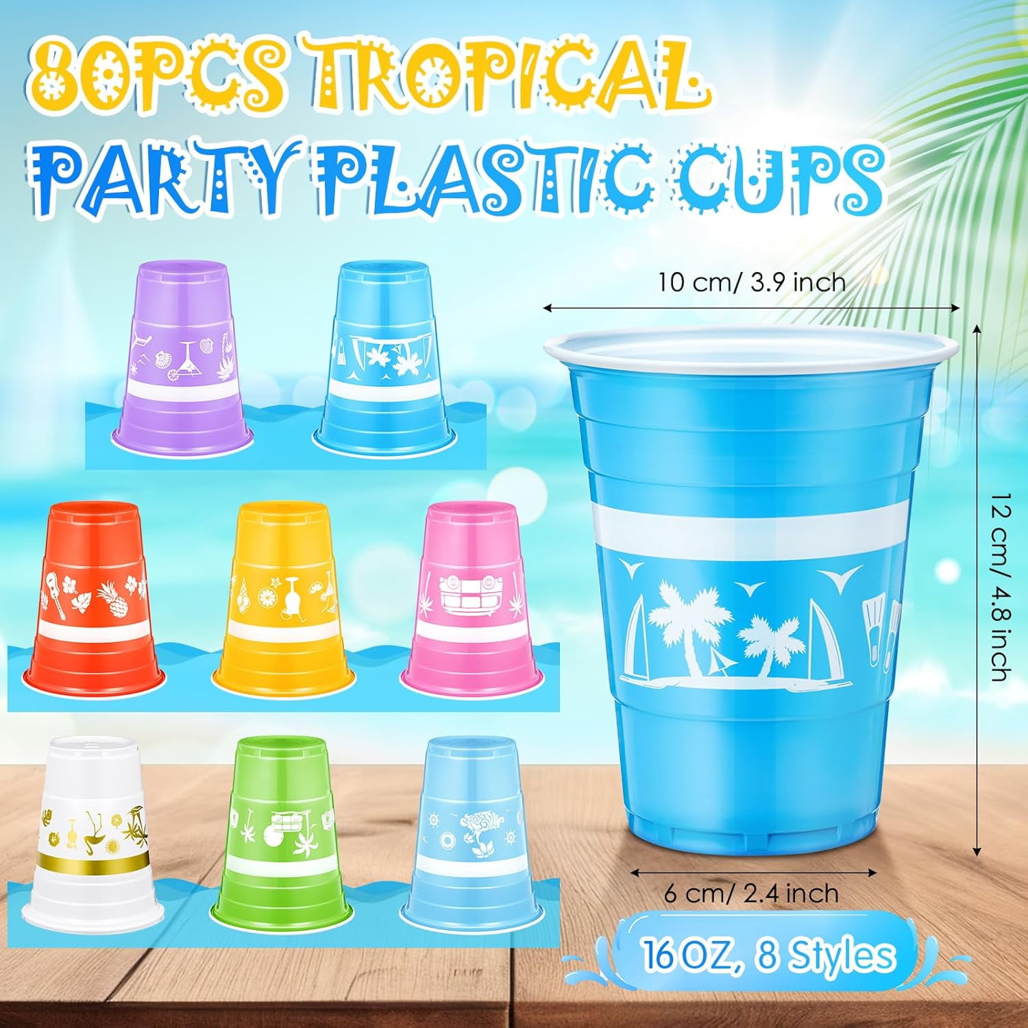 80 Pcs 16 oz Tropical Party Cups Disposable Luau Cups Hawaiian Plastic ...