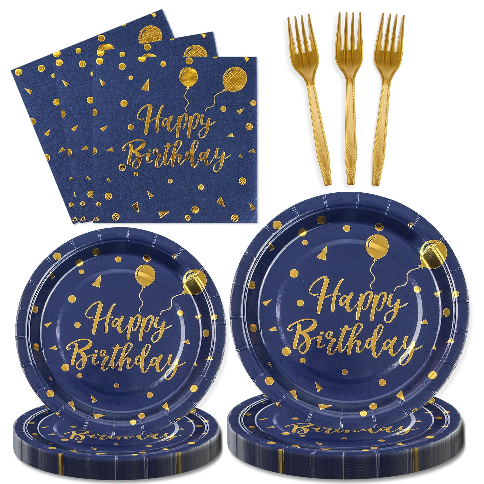 80 Pcs Happy Birthday Paper Plates,Blue AFN1and Gold Metallic Foil ...