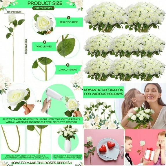 80 Pcs Rose Artificial Flowers Bulk with Long Stem Silk Roses Realistic ...