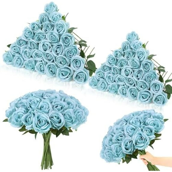 80 Pcs Roses Artificial Flowers, Silk Haze Blue Artificial Flowers ...