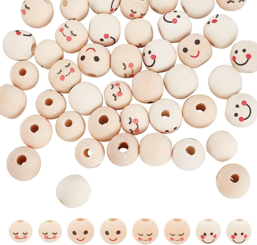 80 Pcs Smiling Face Wood Beads 4 Styles 3 Sizes Old Lace Head Loose ...