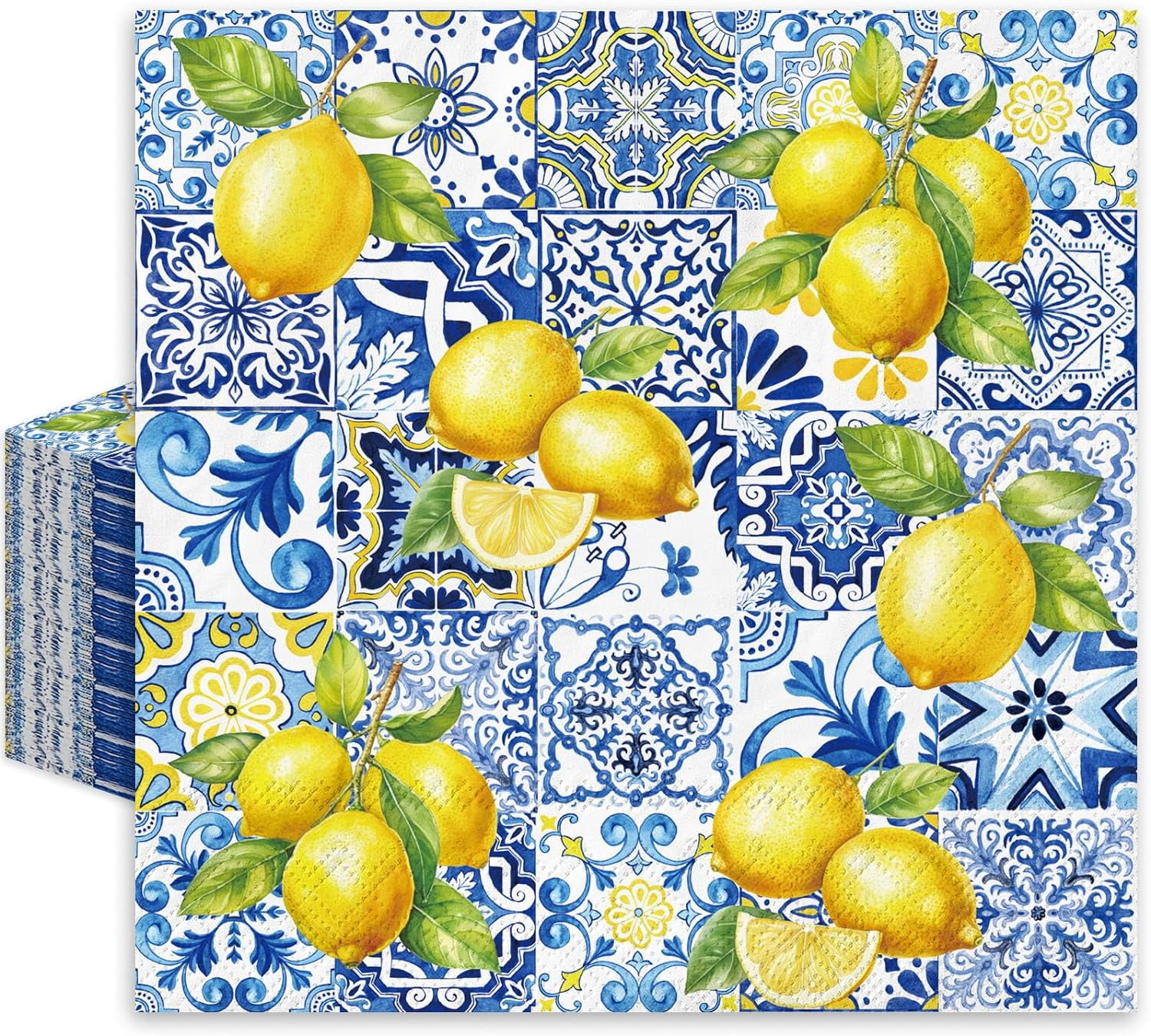 80 Pcs Tile Lemon Cocktail Napkin Blue Yellow Disposable Paper Napkin ...
