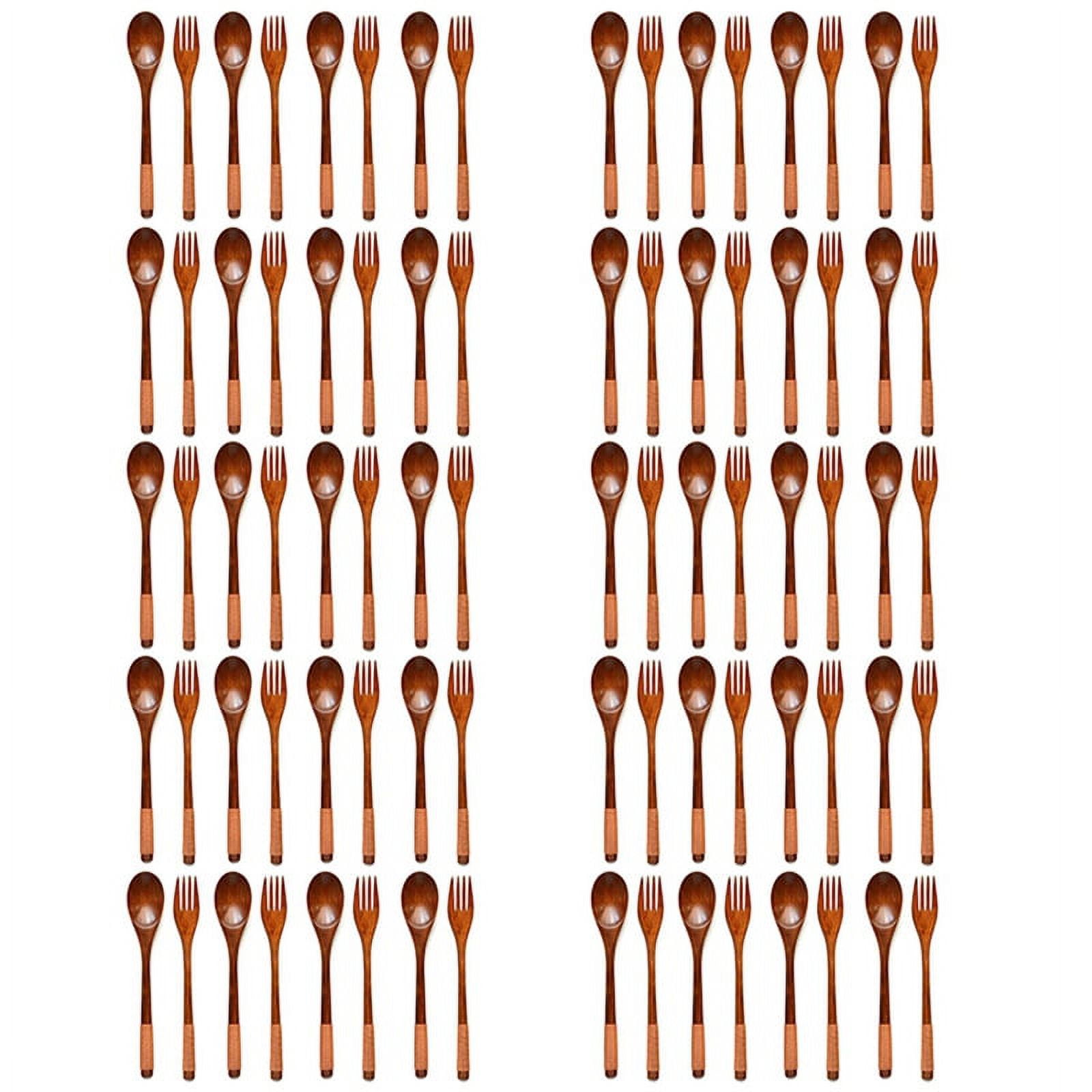 80 Pcs Wooden 9 InchJapanese Spoon Fork Set Kitchen Tableware Natural ...