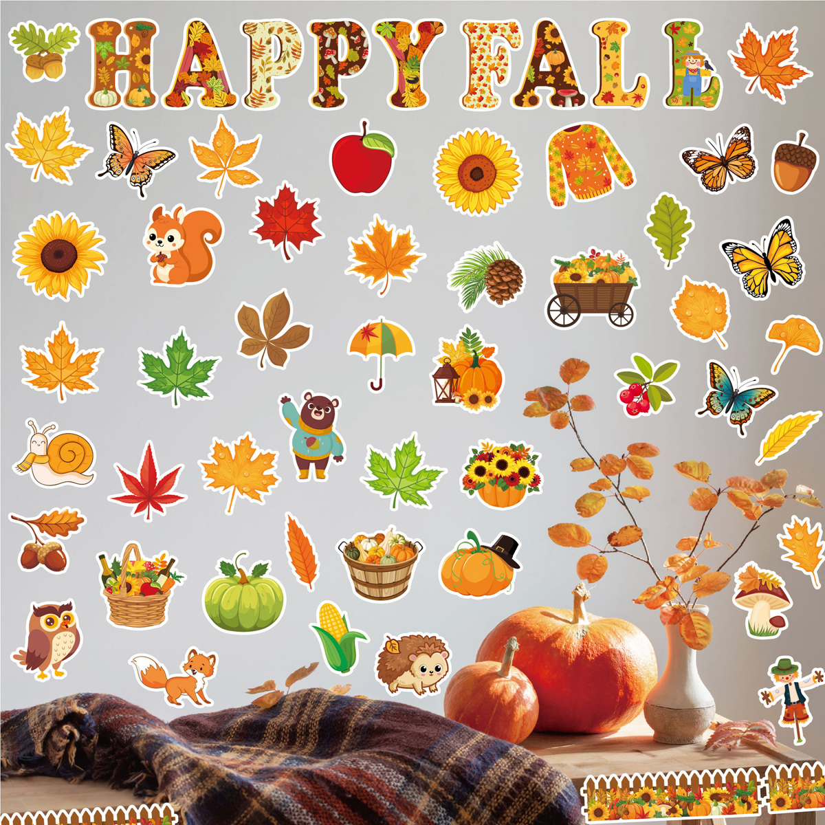 80 Pieces Happy Fall Bulletin Board Set Autumn Maple Leaves Pumpkin ...