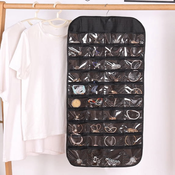 80-Pocket Jewelry Hanging Organizer Non-Woven Transparent Window Curved ...