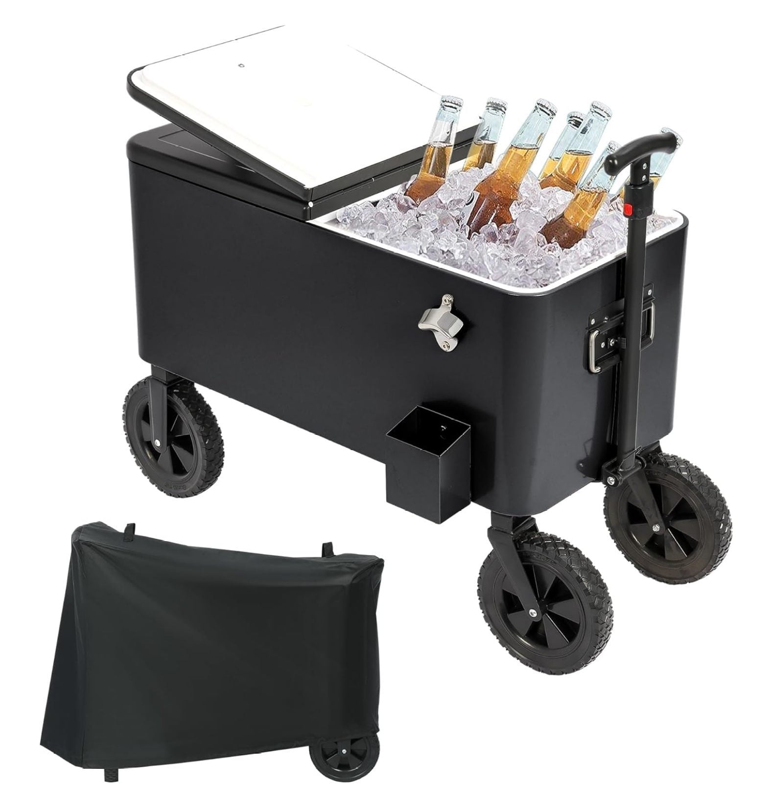 80 Quart Black Rolling Ice Chest with Long Handle and Wheels,Portable ...