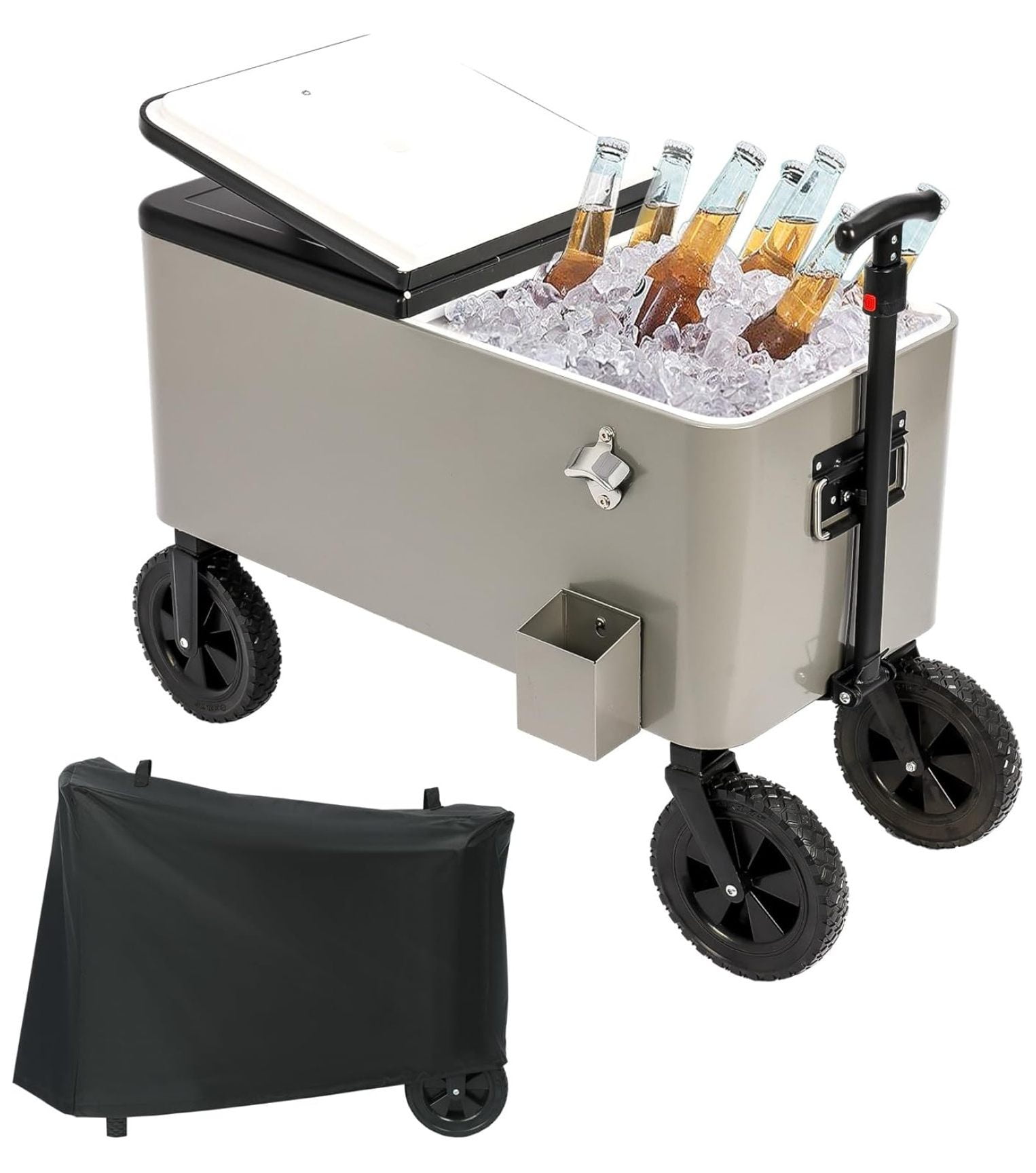 80 Quart Grey Rolling Ice Chest with Long Handle and Wheels,Portable ...
