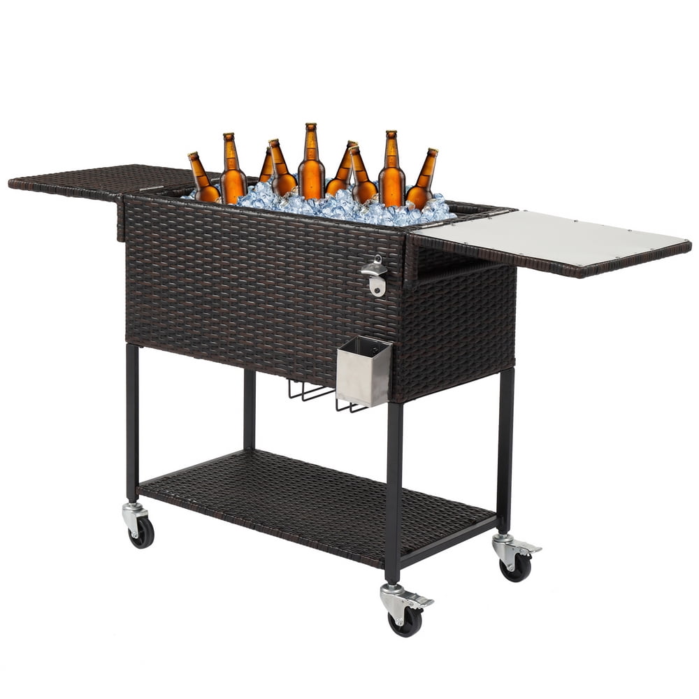 80 Quart Rattan Rolling Cooler Cart, Portable Wicker Cooler Trolley ...