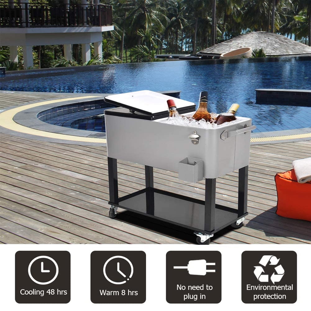 80 Quart Rolling Cooler Cart, Portable Cooler Trolley, Beverage for ...