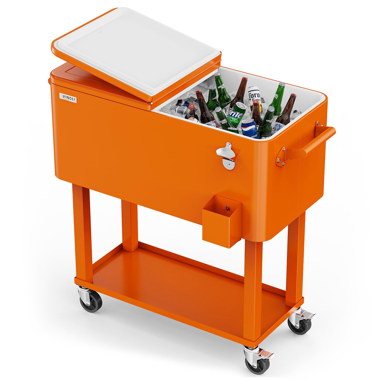80 Quart Rolling Cooler Cart with Wheels, Portable Outdoor Party Drink ...