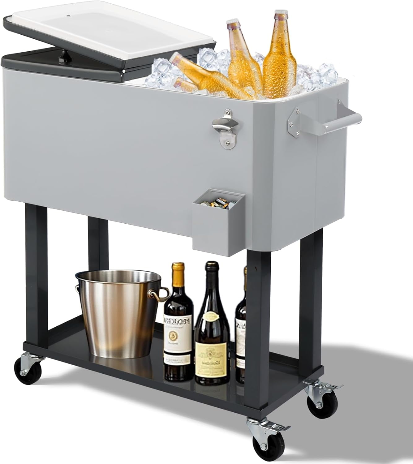 80 Quart Rolling Ice Chest, Portable Bar Drink Cooler with Catch Basin ...