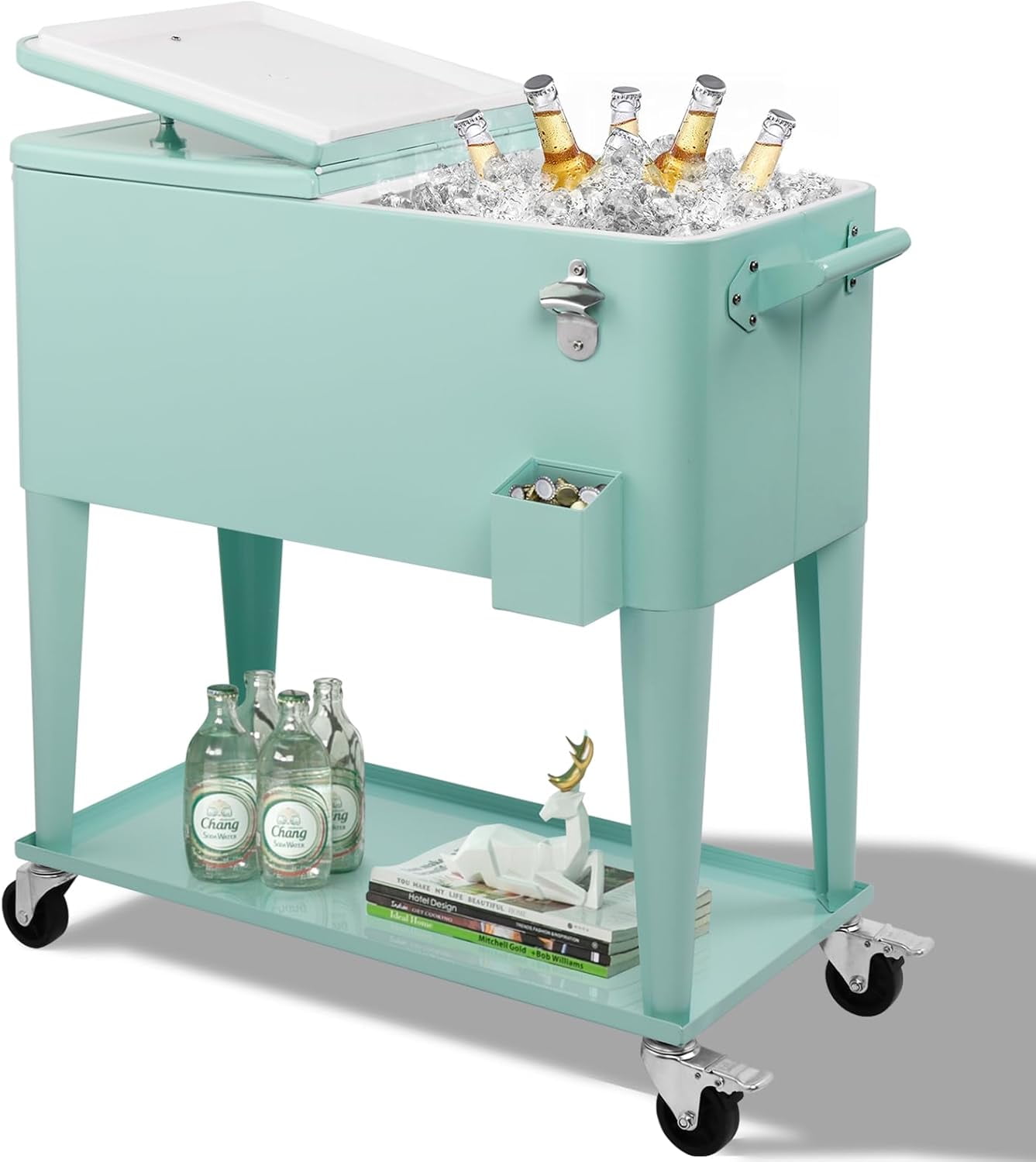 80 Quart Rolling Ice Chest, Portable Bar Drink Cooler with Catch Basin ...