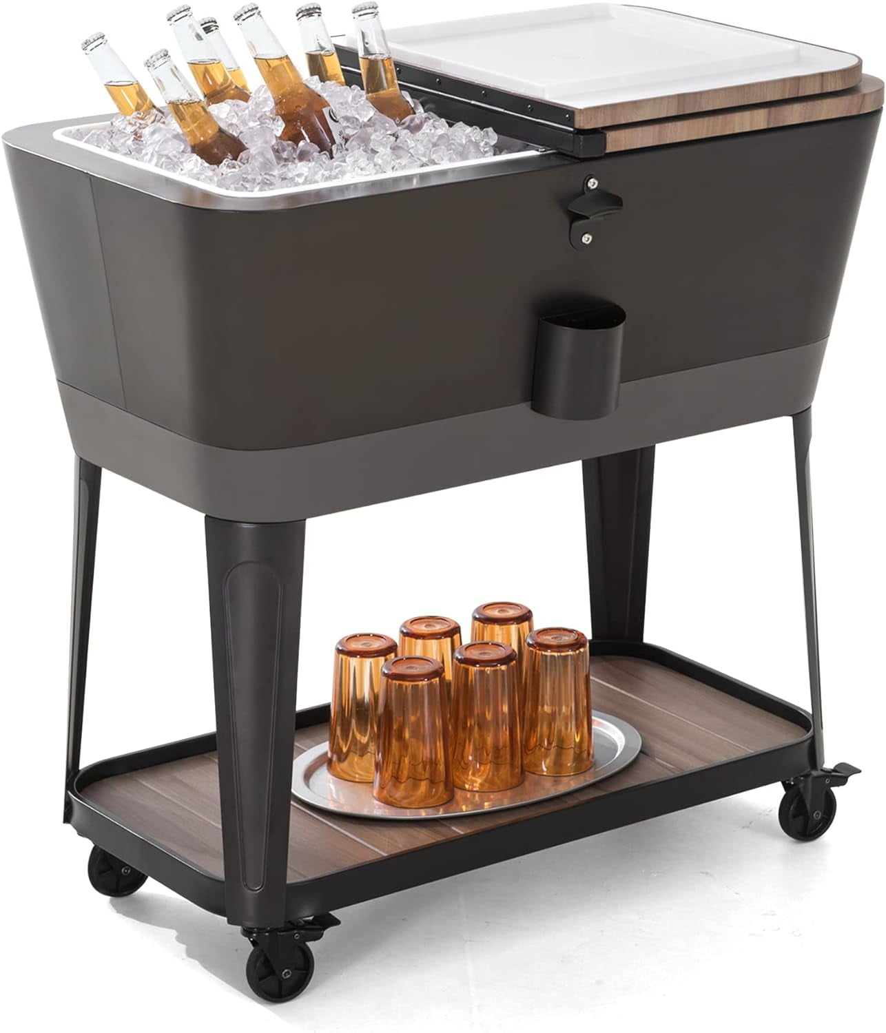 80-Quart Wood Grain Finish Metal Rolling Ice Chest Cooler Cart with ...