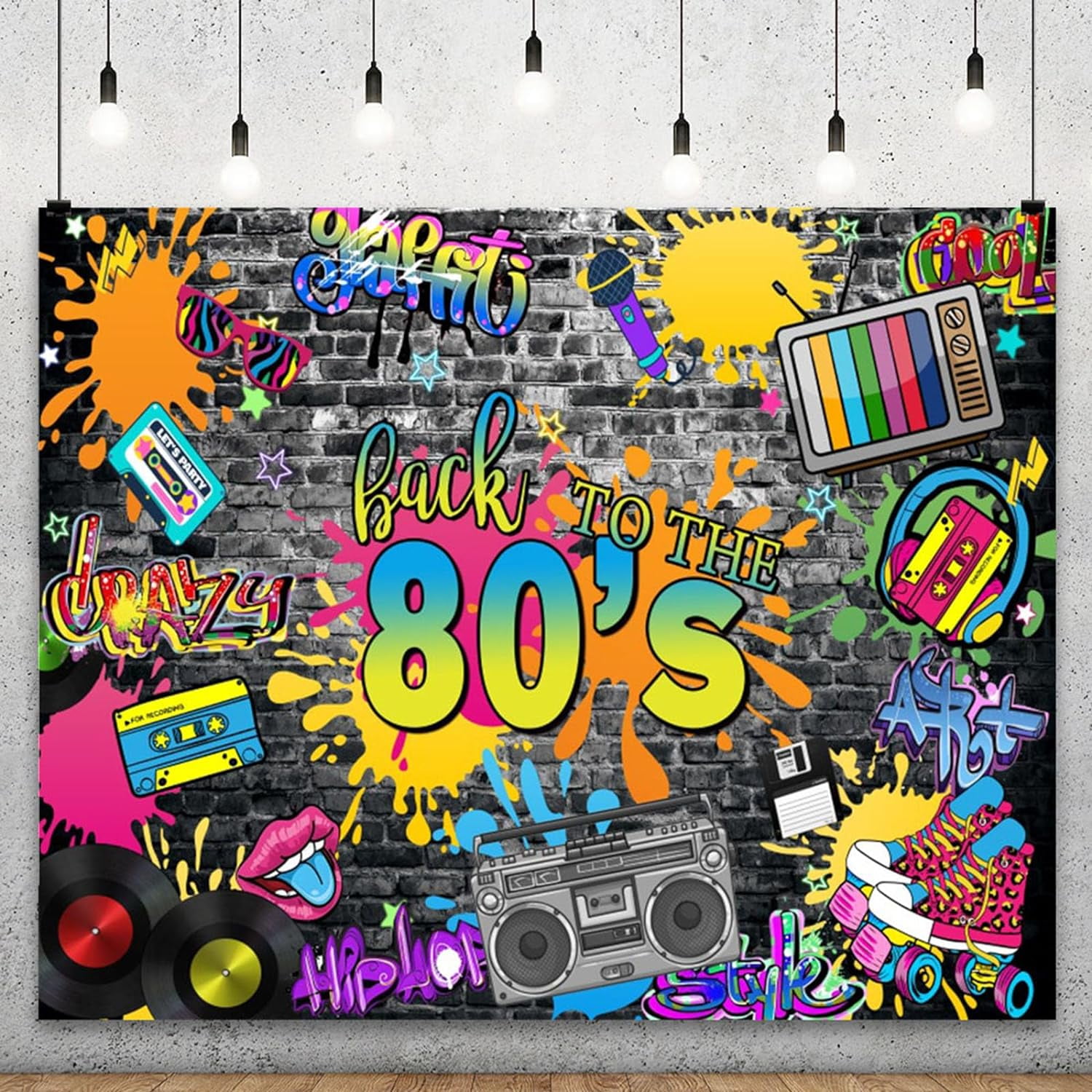 80'S Theme Party Backdrop Back to The 80's Hip Hop Graffiti Art Brick ...