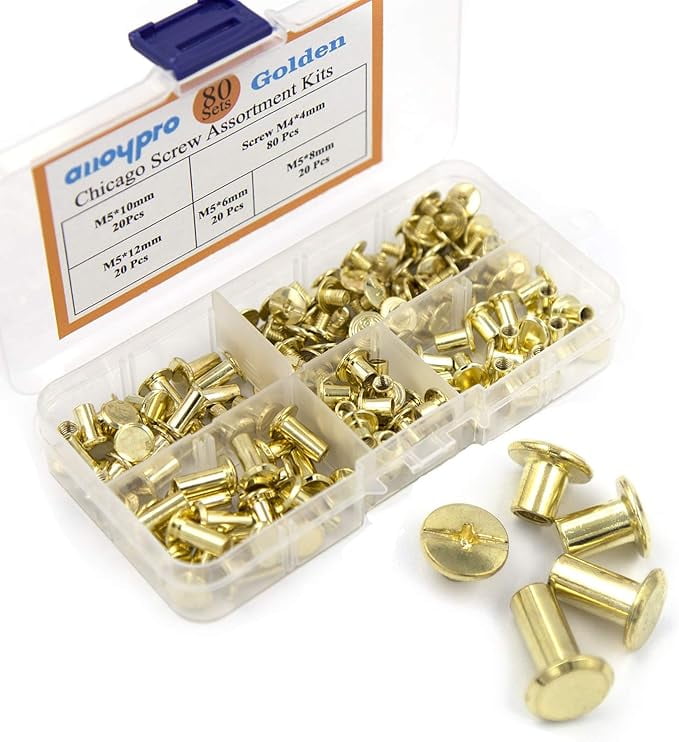 80 Sets Chicago Screws Assorted Kit 4 Sizes Golden Leather Rivets 1/4 5/16 3/8 1/2 Screw Rivets ...