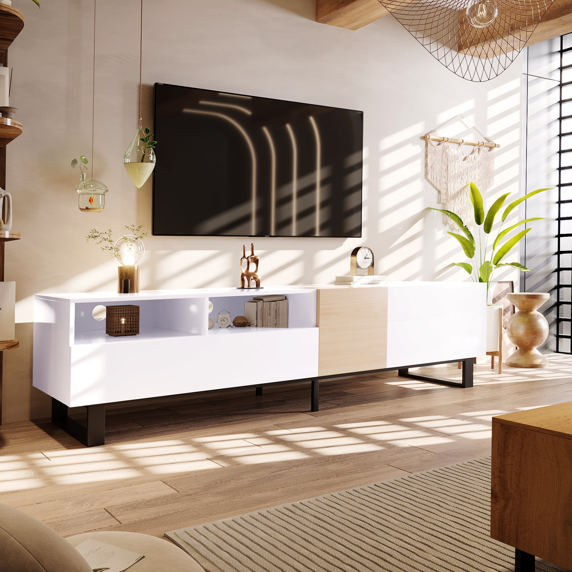 80'' Tv Cabinet With Double Storage And Drop Down Doors, White , Modern ...