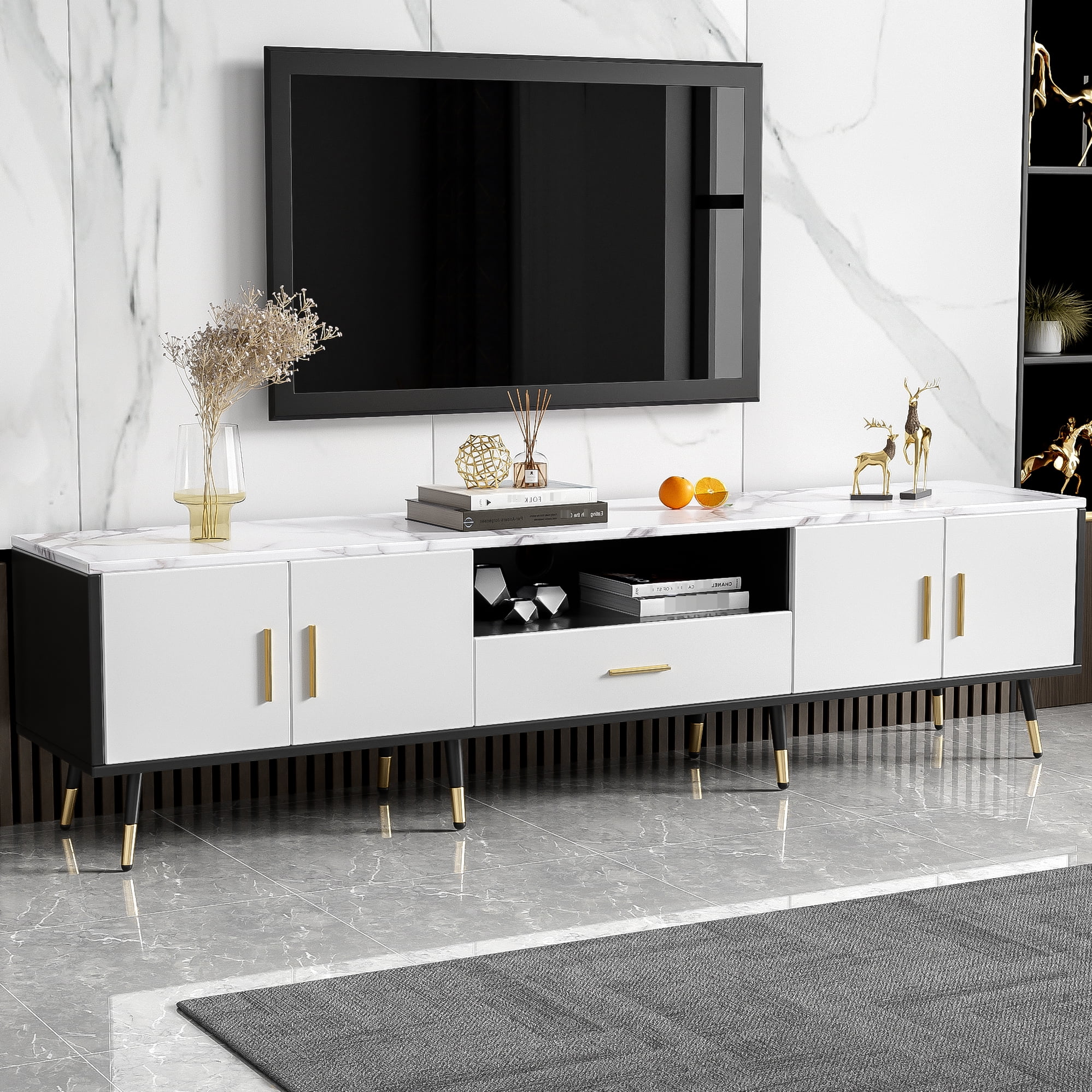 80'' Tv Compatible 71'' Stand, 2 Cabinets & Open Shelves, Living Room ...