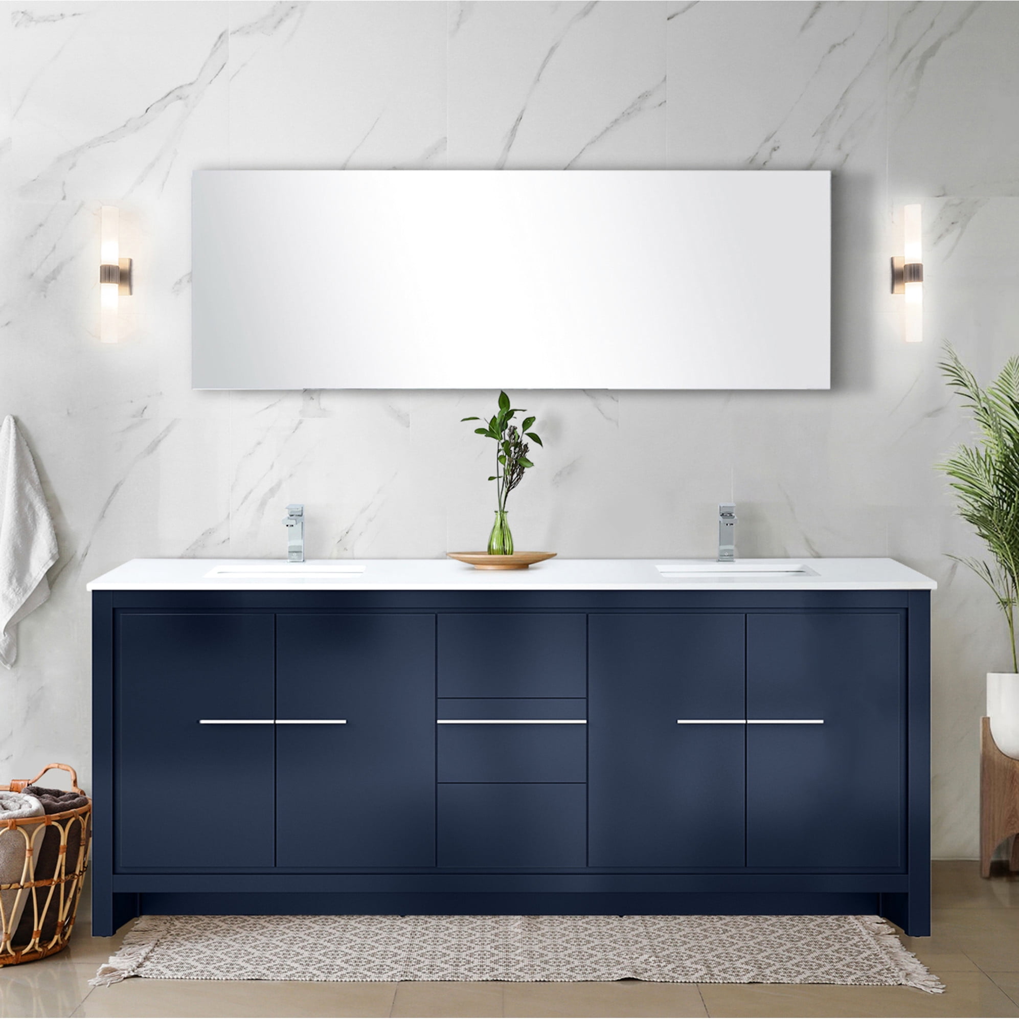 80" W X 20" D Navy Blue Bath Vanity - Marble Top, Faucet Soft Close ...