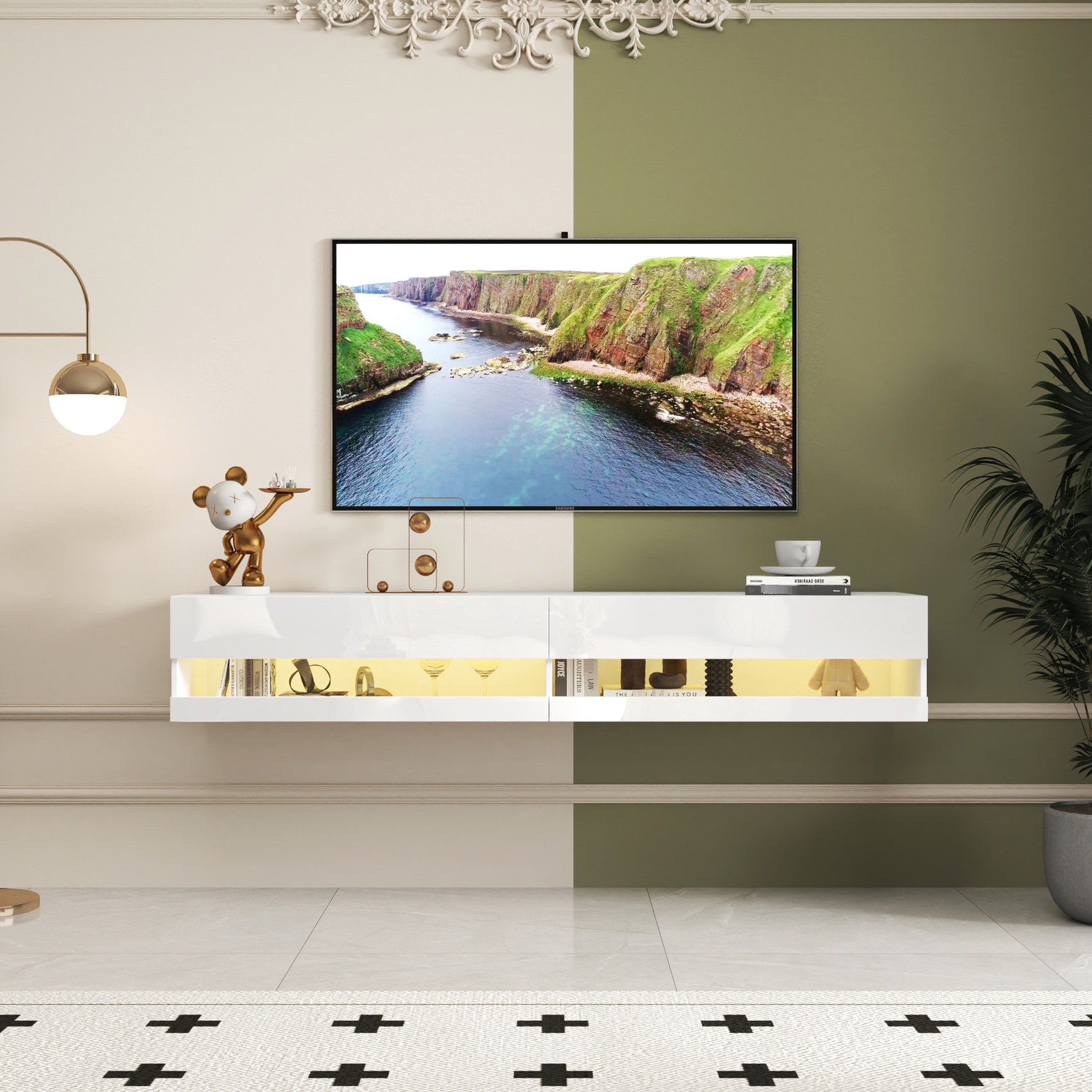 80" Wall Mounted Floating TV Stand with 20 Color LEDs & Charging ...