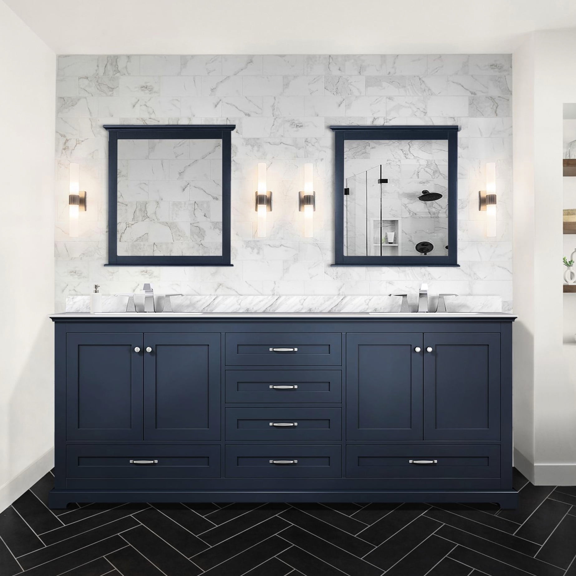 80 in. Wide Navy Blue Double Vanity, Carrara Marble Top / Soft Close ...