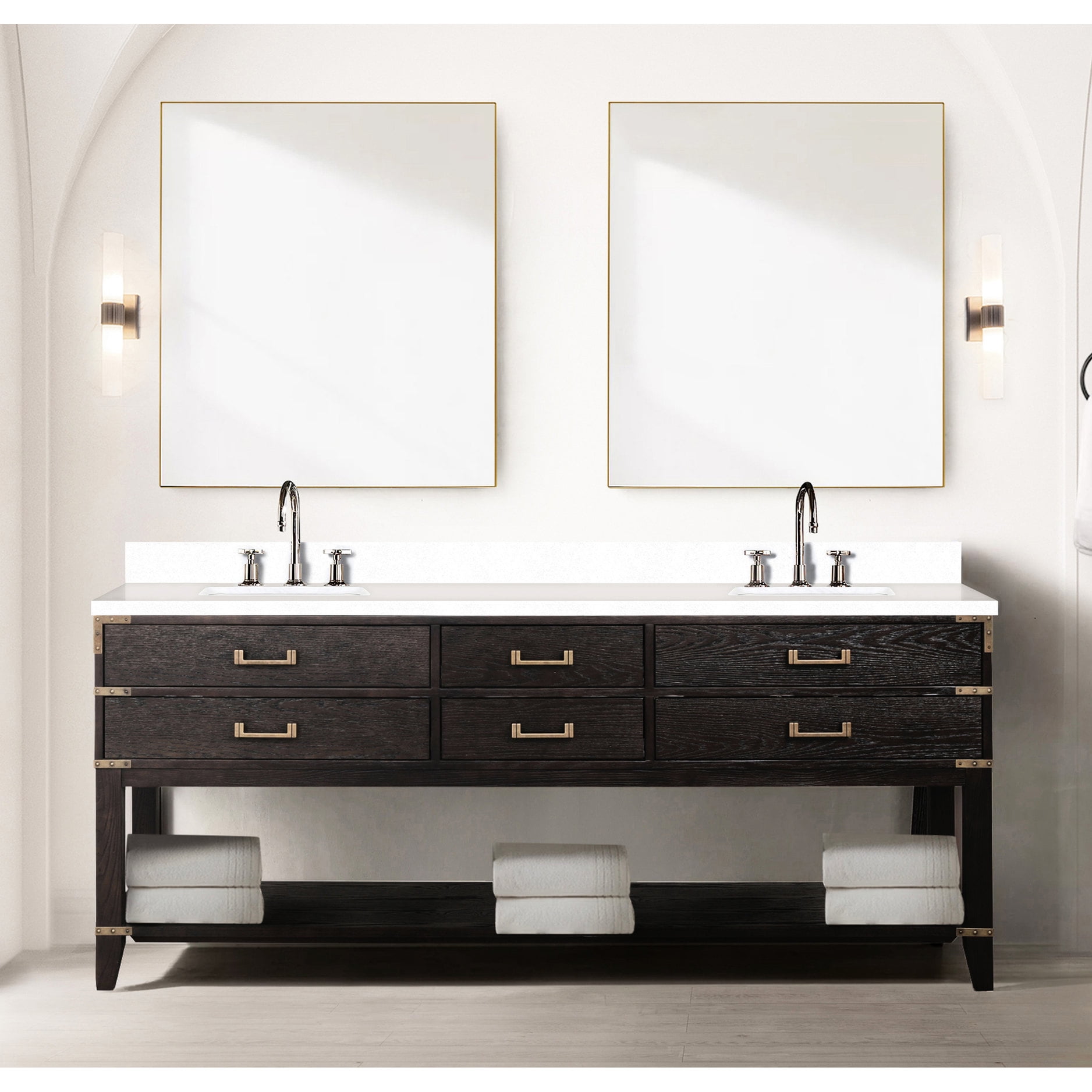 80 in. Wide Wood Double Vanity with White Quartz Surface / Soft ...
