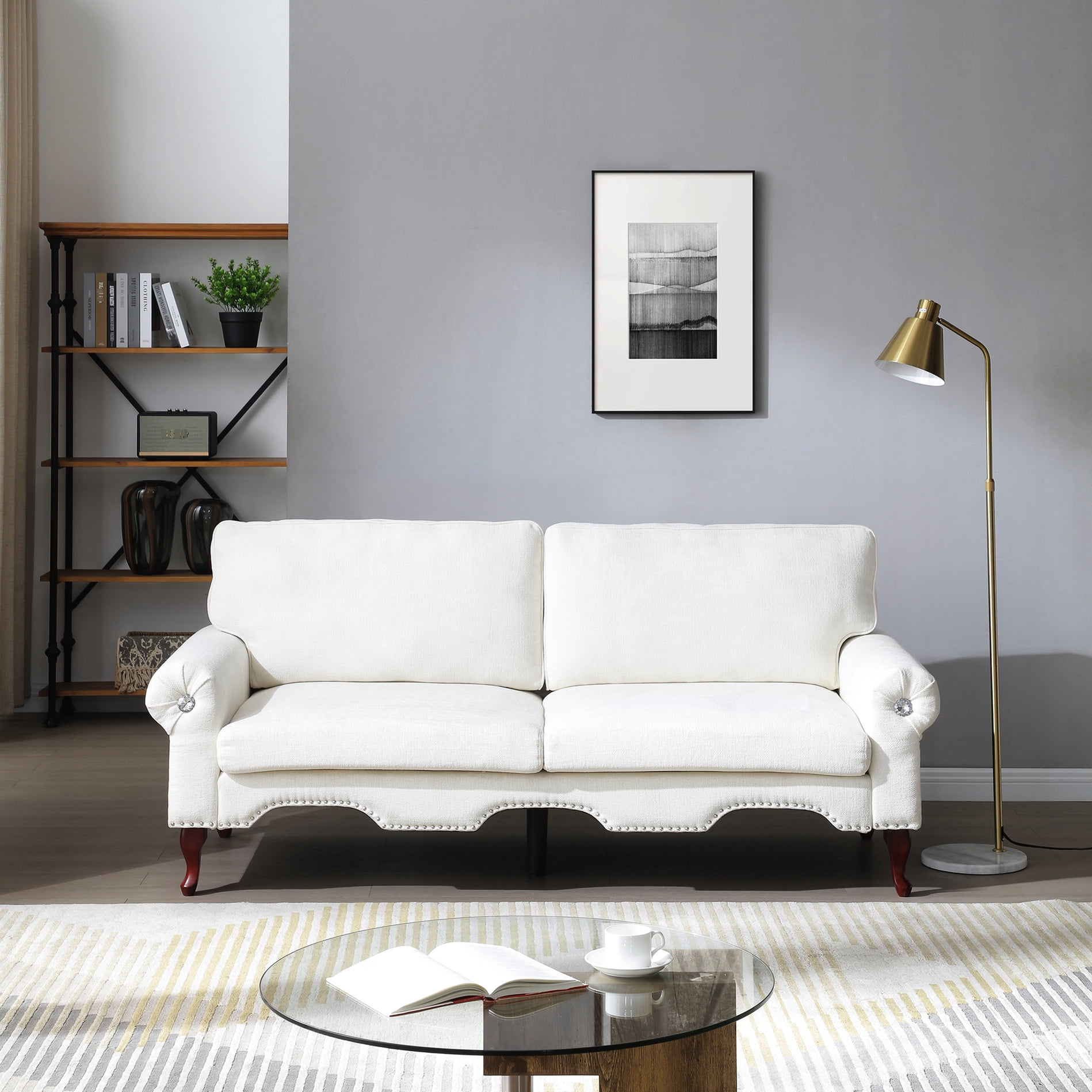 80-inch Beige 3 Seat With Wooden Legs & Crystal Button, , Ideal For ...