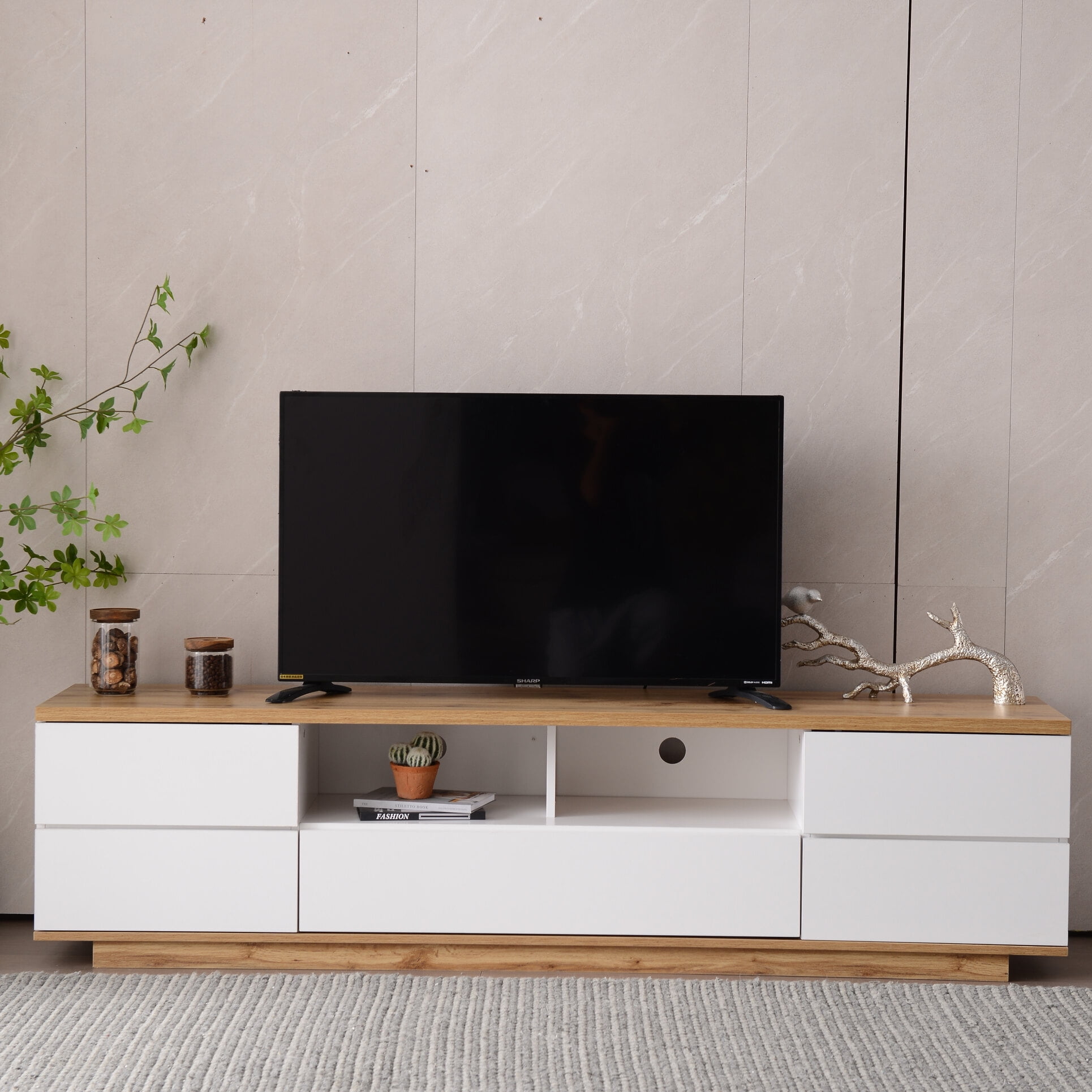80 inch White Modern TV Stand, Media Console with Storage, Open Shelf ...