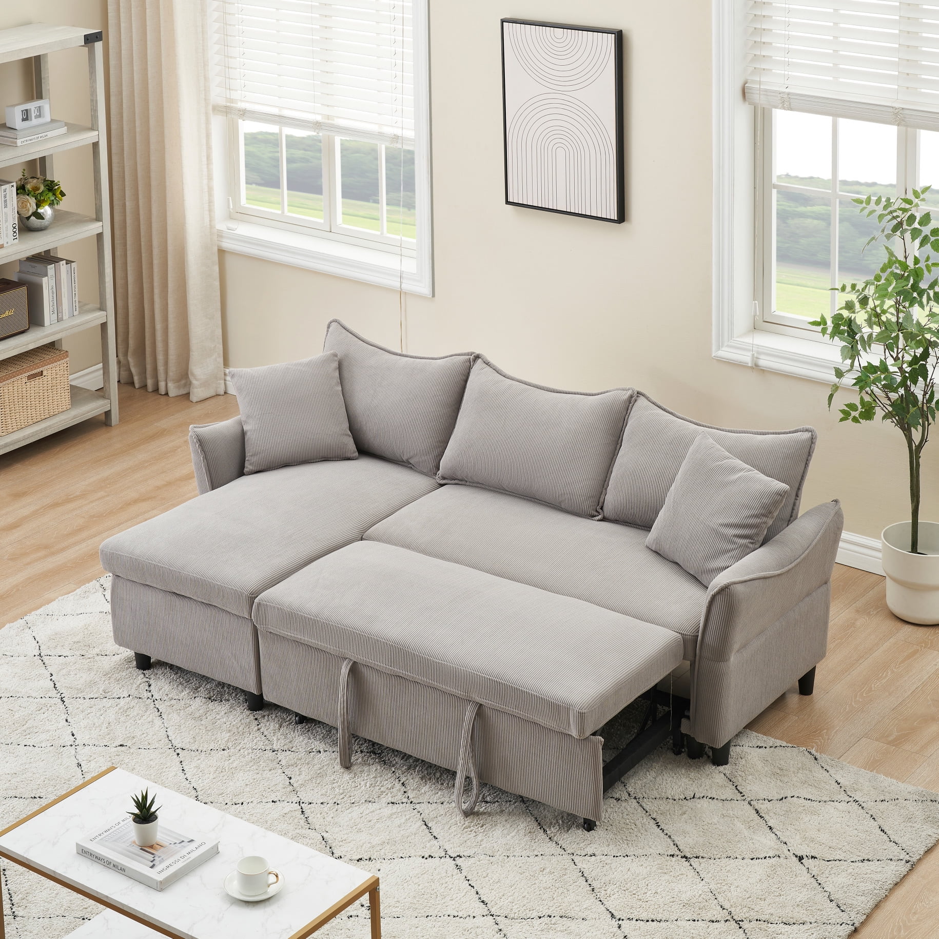 80-inch Sleeper Sofa Couch with Pull Out Bed, Corduroy L Shaped Sleeper ...