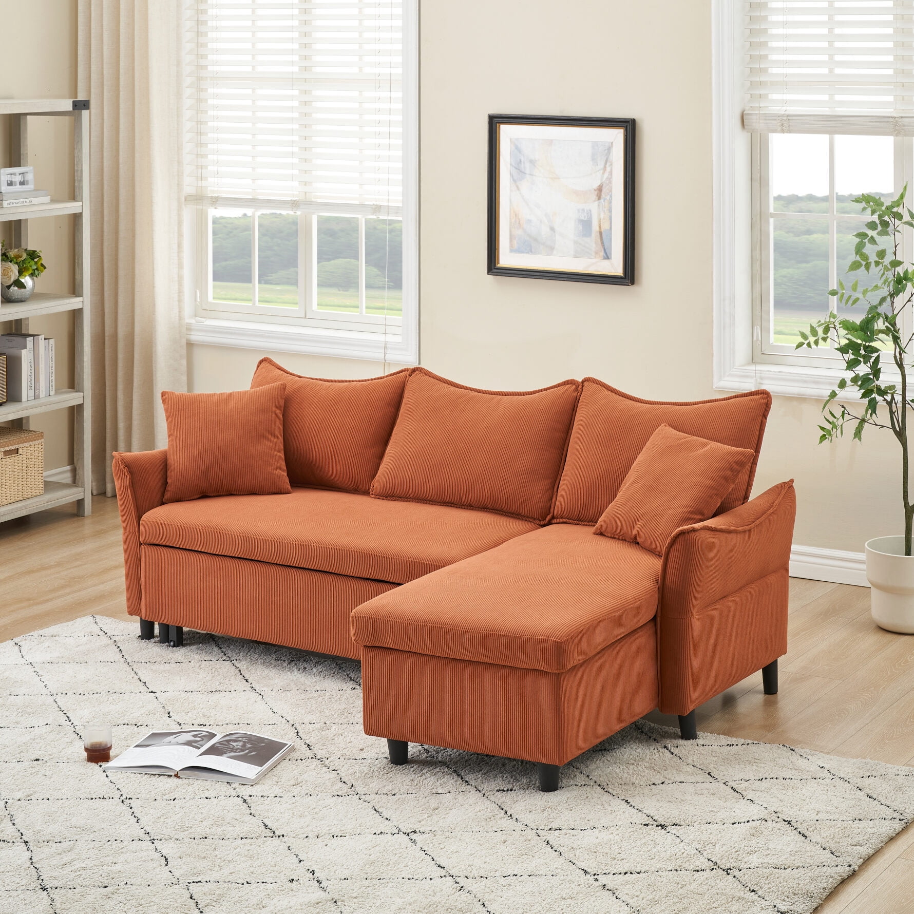 80-inch Sleeper Sofa Couch with Pull Out Bed, Corduroy L Shaped Sleeper ...