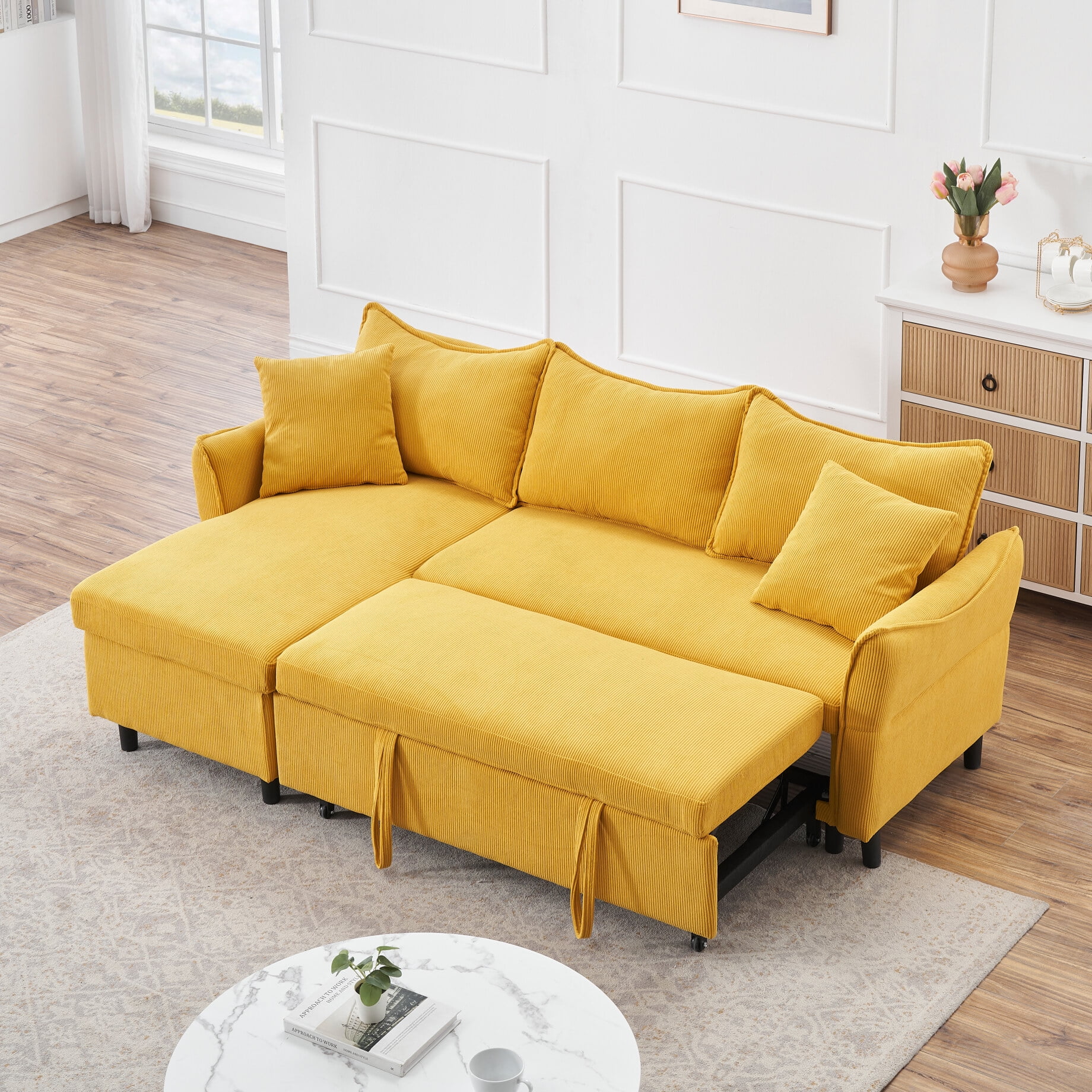80-inch Sleeper Sofa Couch with Pull Out Bed, Corduroy L Shaped Sleeper ...