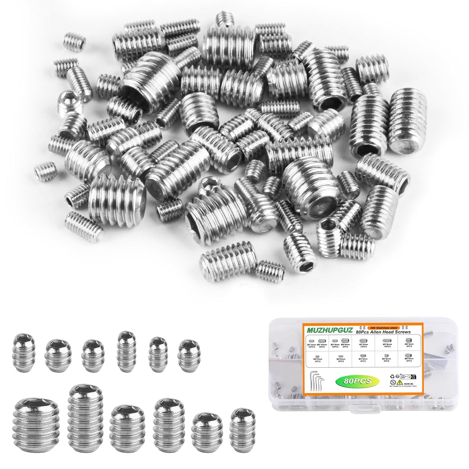 80 pcs Set Screws, Set Screws Assortment Kit, Grub Screws M3 M4 M5 M6 ...