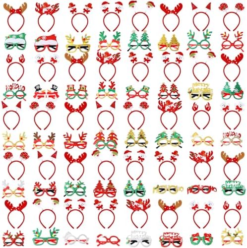 An 80-piece Christmas party accessory set featuring glittery eyeglass ...